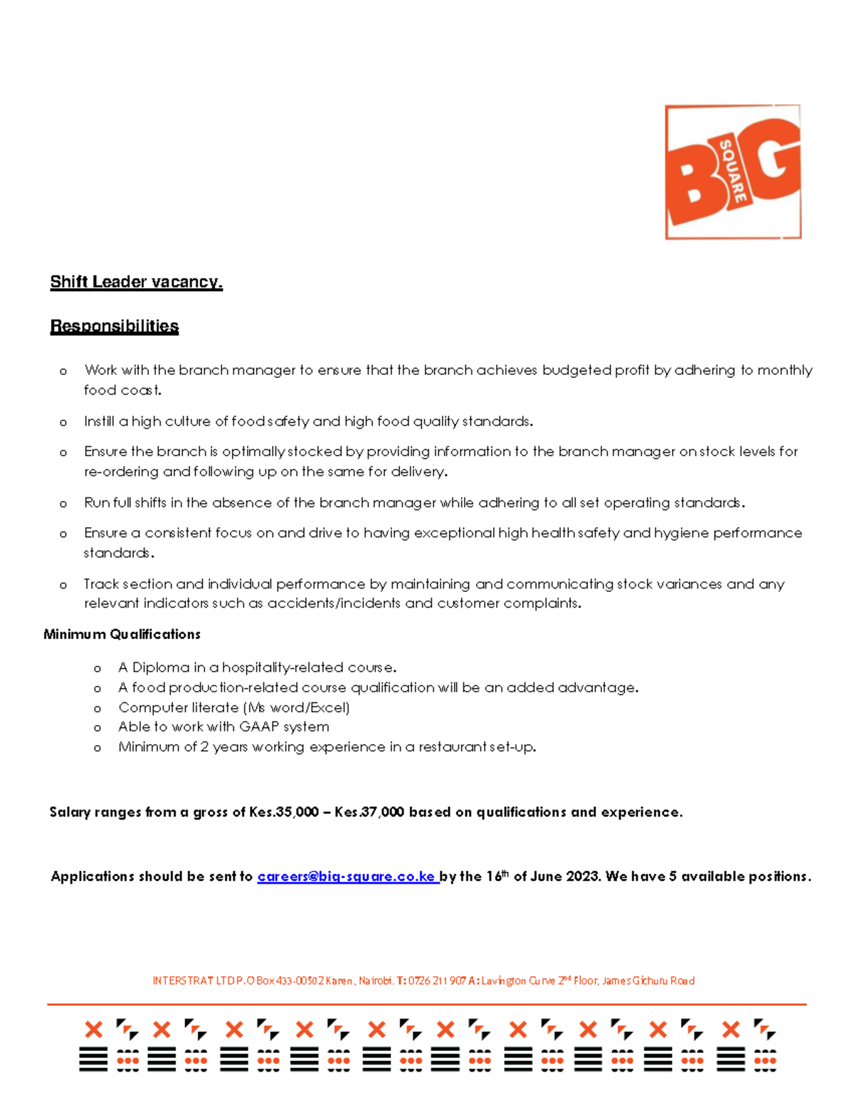 Shift Leader job advert June 2023 - IN TER STR A T LTD P B o x 4 33 ...