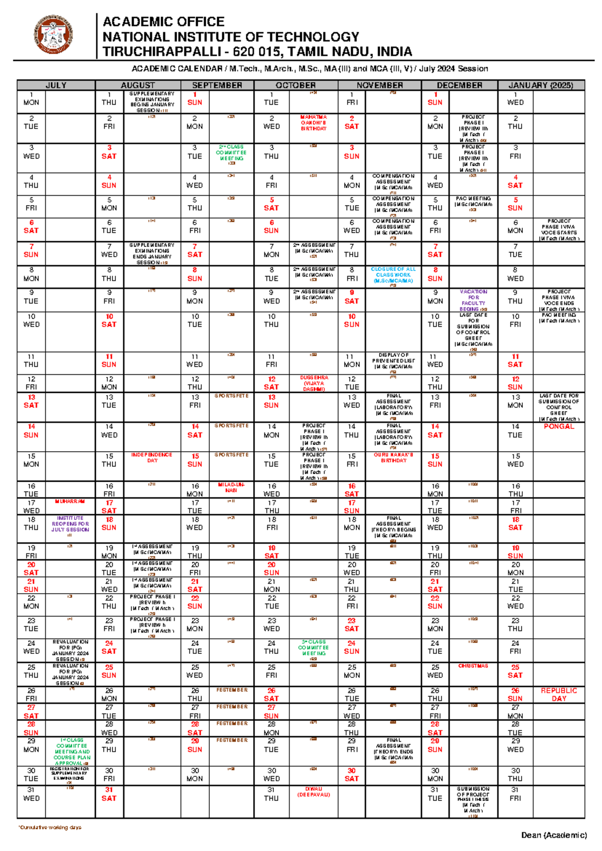 Academic Calendar M.Tech. M.Arch. M.Sc. MA. MCA (III) and MCA (V) July ...