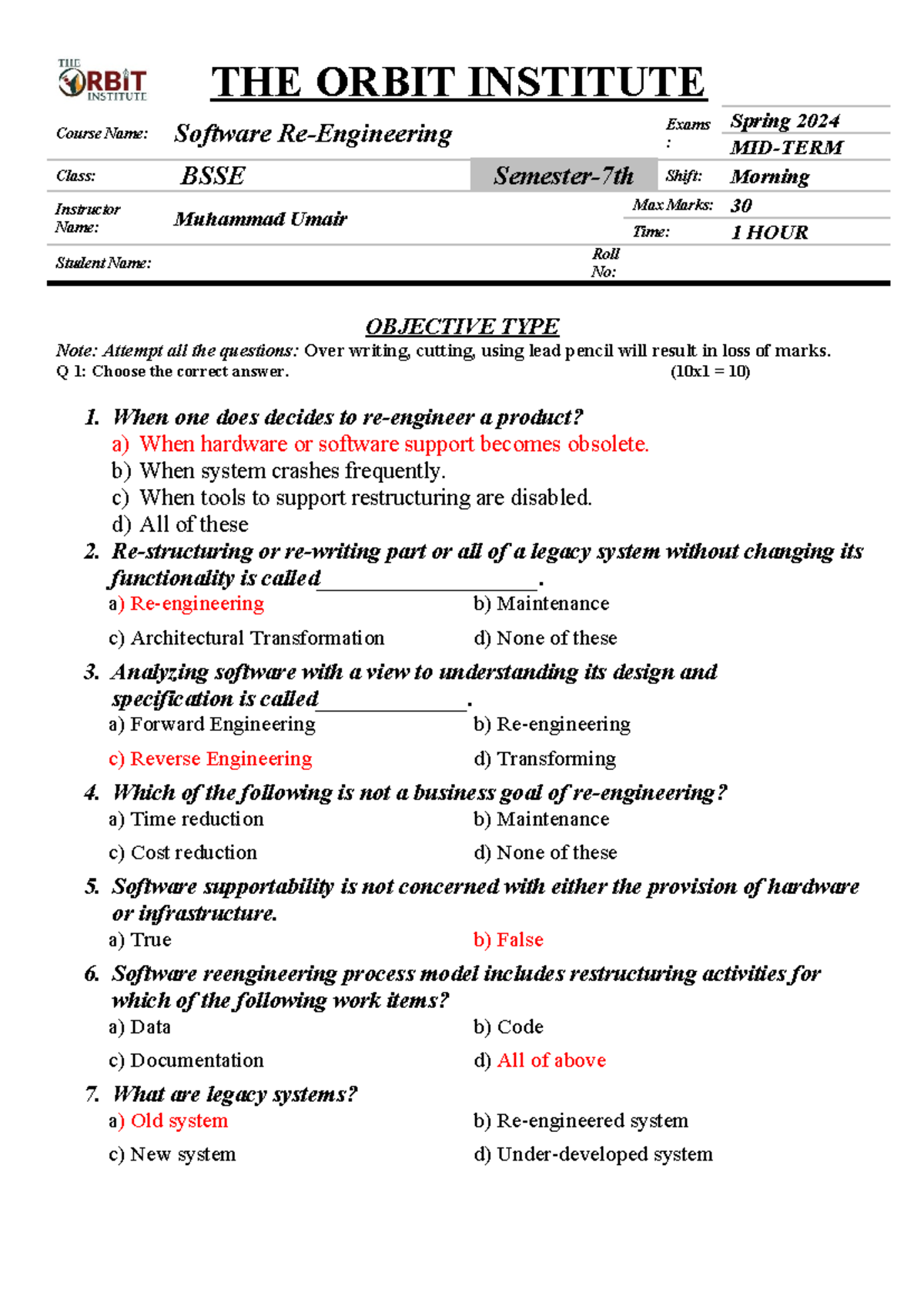 Software Re-Engineering (BSSE-7th) - THE ORBIT INSTITUTE Course Name ...