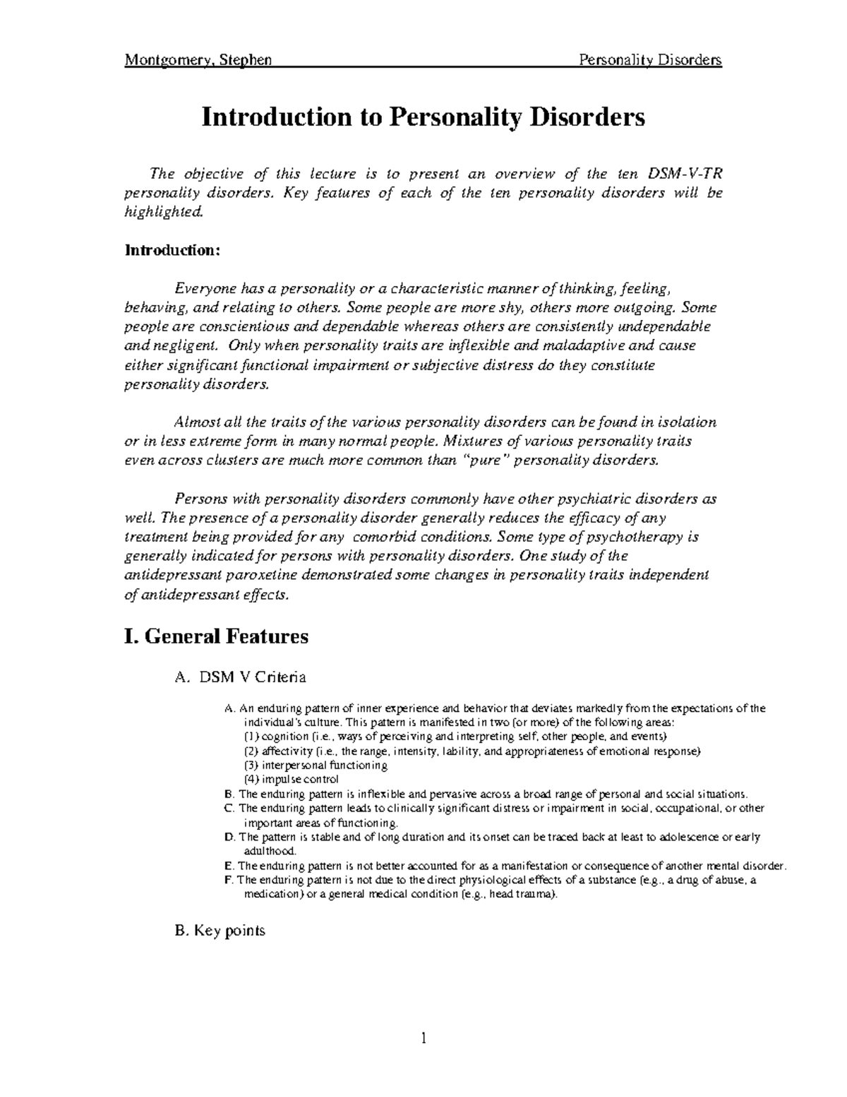 Personality Disorders Lecture Notes 2013-2014 - Introduction to ...