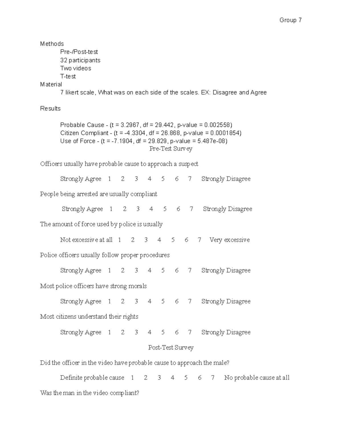 Survey for CJ Majors on Police Brutality - Methods Pre-/Post-test 32 ...