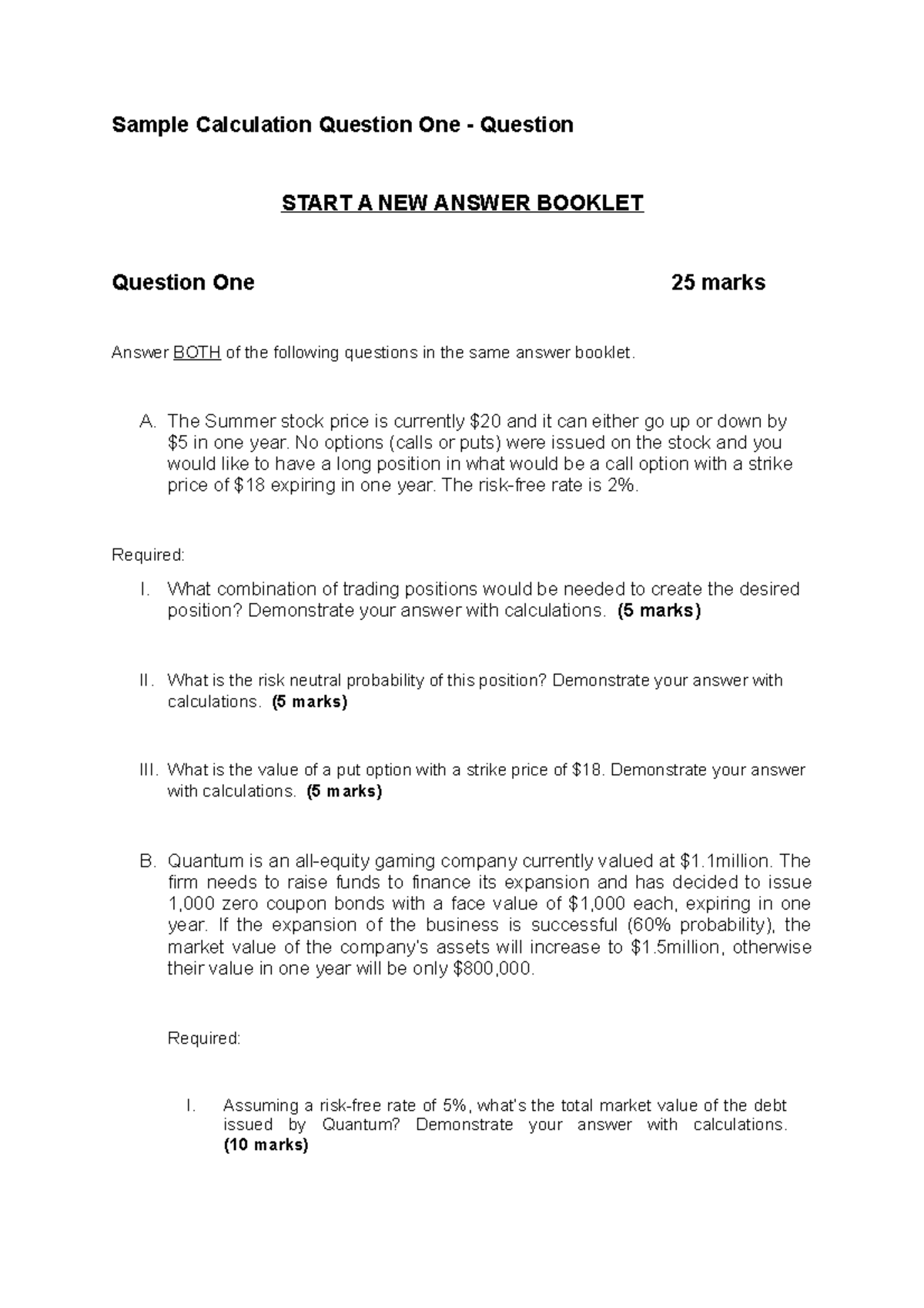 FINC 2012 Sample Calculation Question One - Question - Sample ...