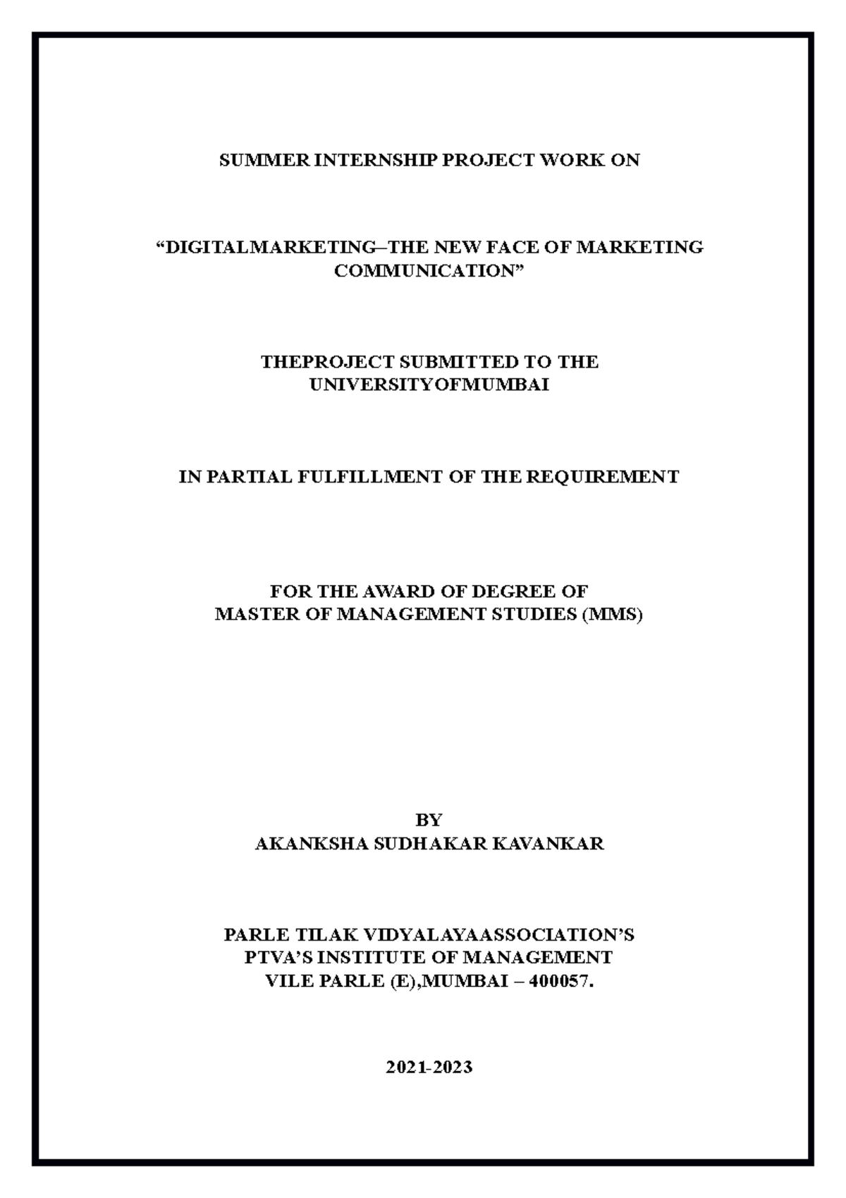 B-305 SIP (Akanksha Kavankar) - SUMMER INTERNSHIP PROJECT WORK ON ...