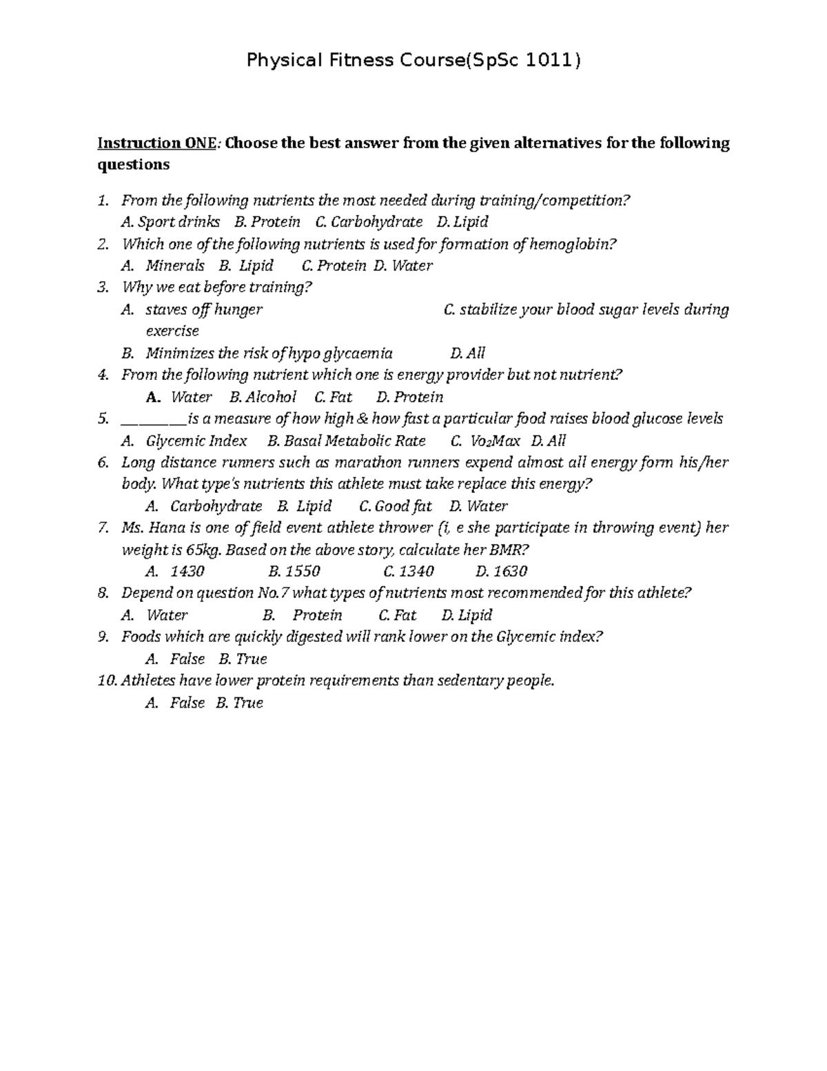 Physical Fitness Final Exam Sample - Physical Fitness Course(SpSc 1011 ...