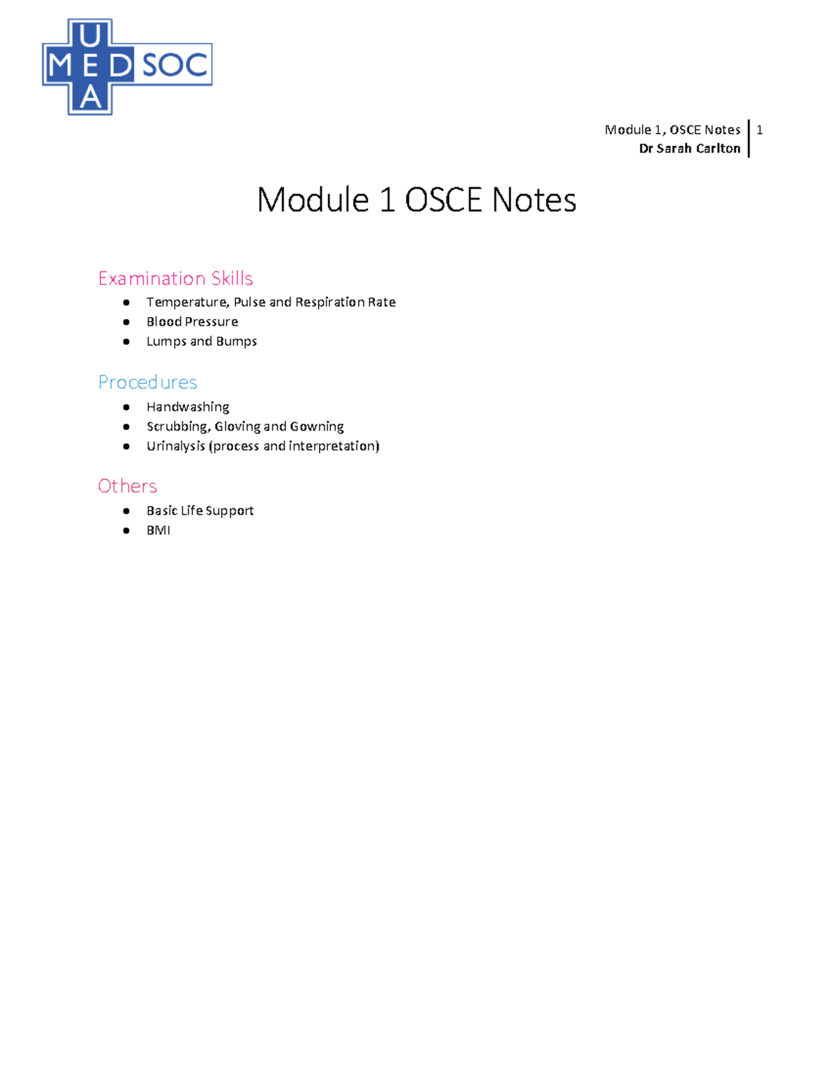 Module 1 OSCE Notes - n/a - Dr Sarah Carlton Module 1 OSCE Notes ...