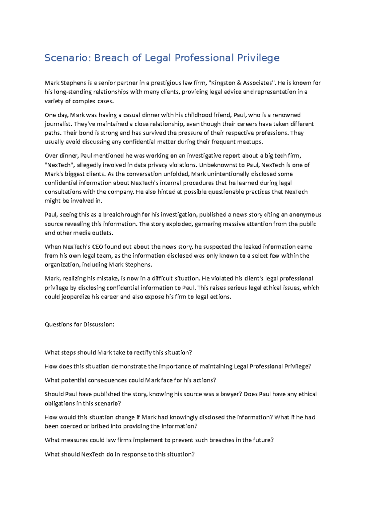 Scenario for Group Work - Scenario: Breach of Legal Professional ...