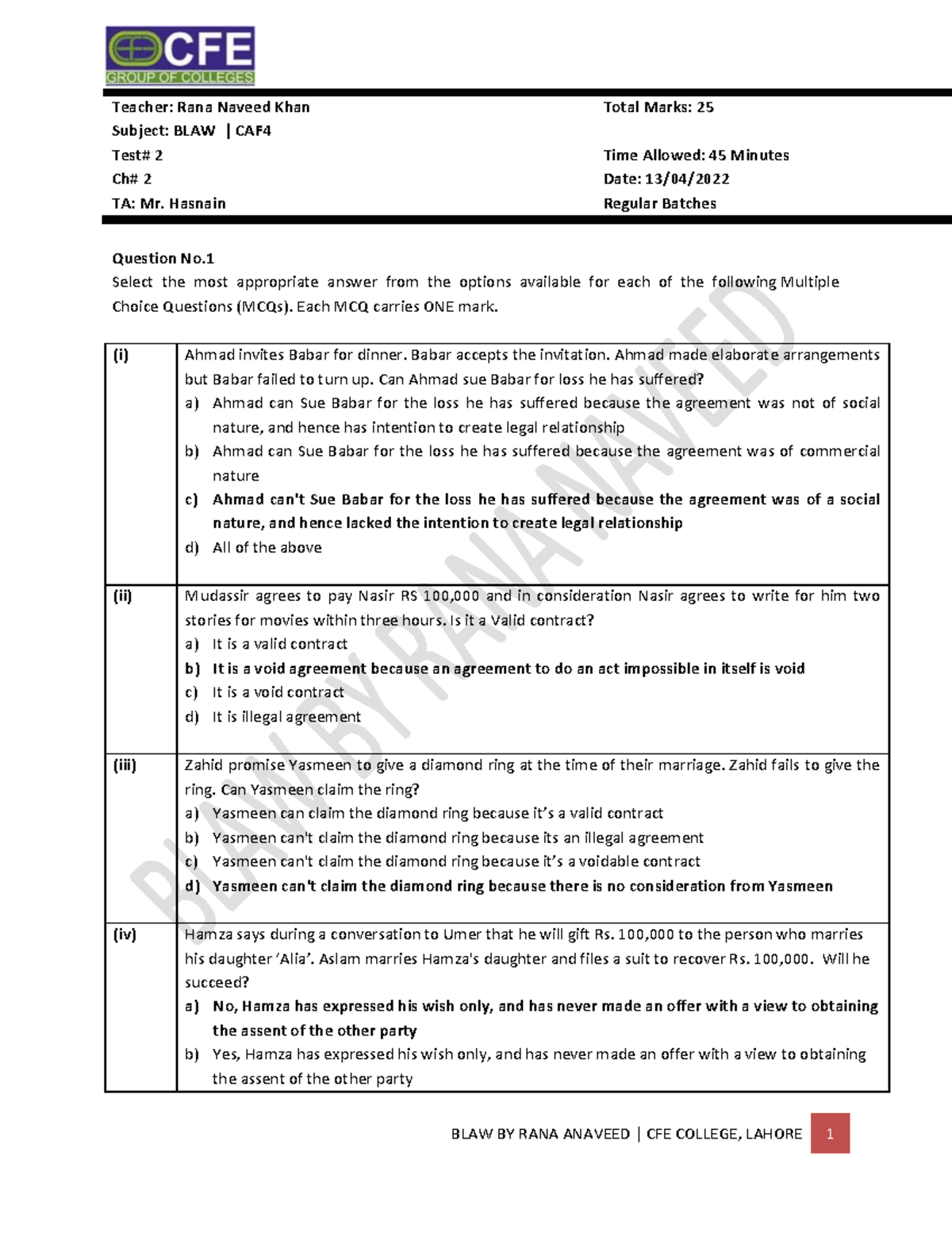 CH#2 TEST 2 Sol - notes - Question No. Select the most appropriate ...