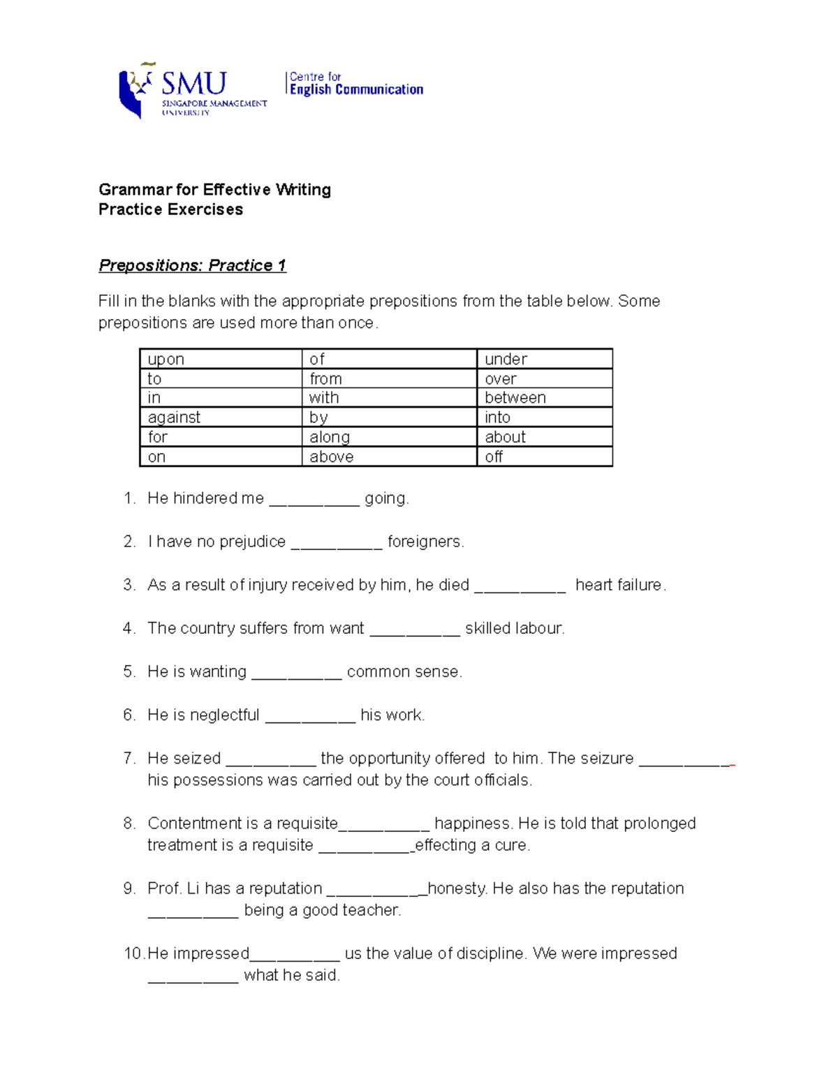 Prepositions Practice 1 Final - Grammar for Effective WritingPractice ...