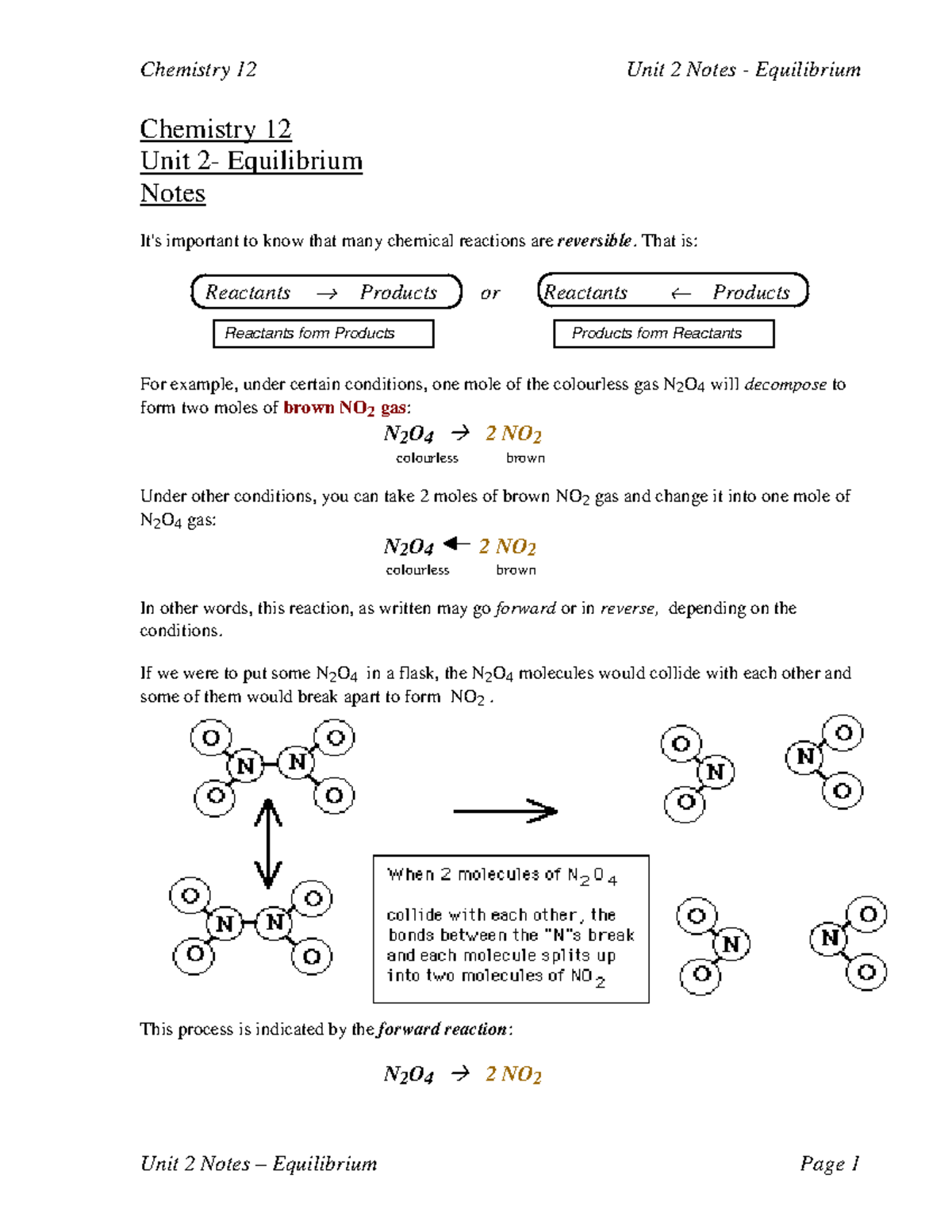 Equilibrium - notes - Chemistry 12 Unit 2- Equilibrium Notes It's ...