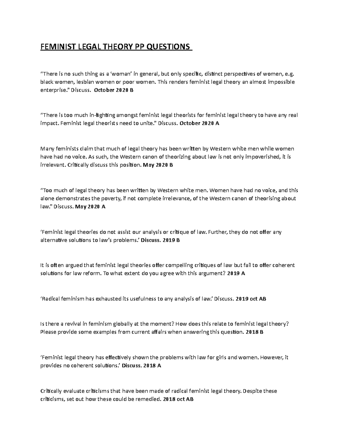 Feminist Legal Theory PP Questions - FEMINIST LEGAL THEORY PP QUESTIONS ...