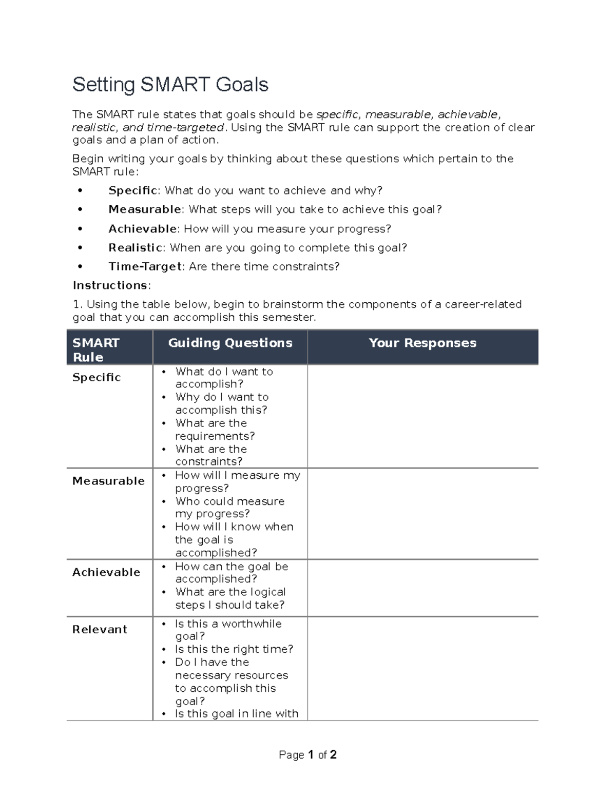 Smartworksheet - Setting SMART Goals The SMART rule states that goals ...