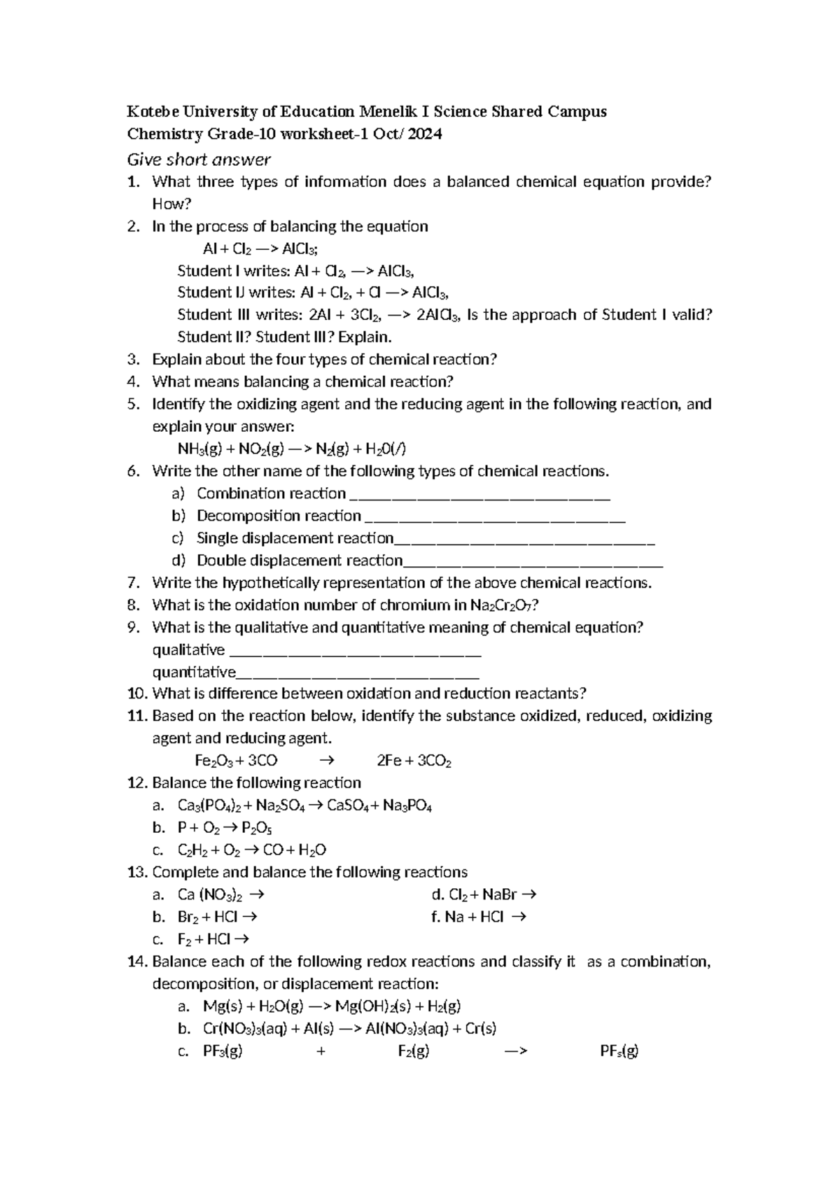 Chem G-10 Work Sheet. 1 ssc - Kotebe University of Education Menelik I ...