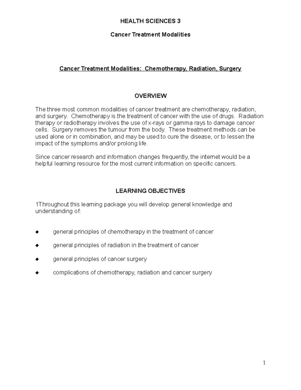 HS3- WK 9 Cancer Treatments Learning Package - Cancer Treatment ...