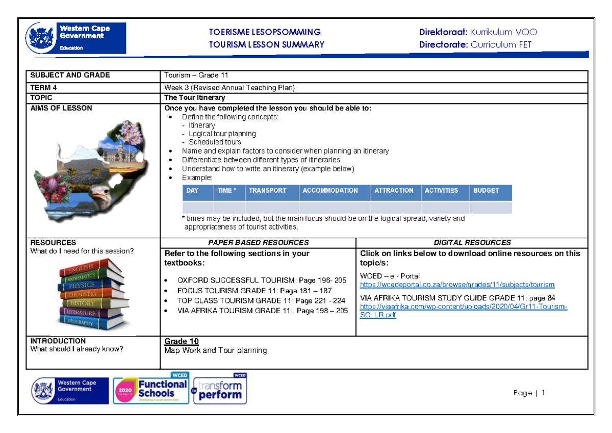 Tourism Grade 11 Term 4 Week 3 2020 - TOURISM LESSON SUMMARY ...