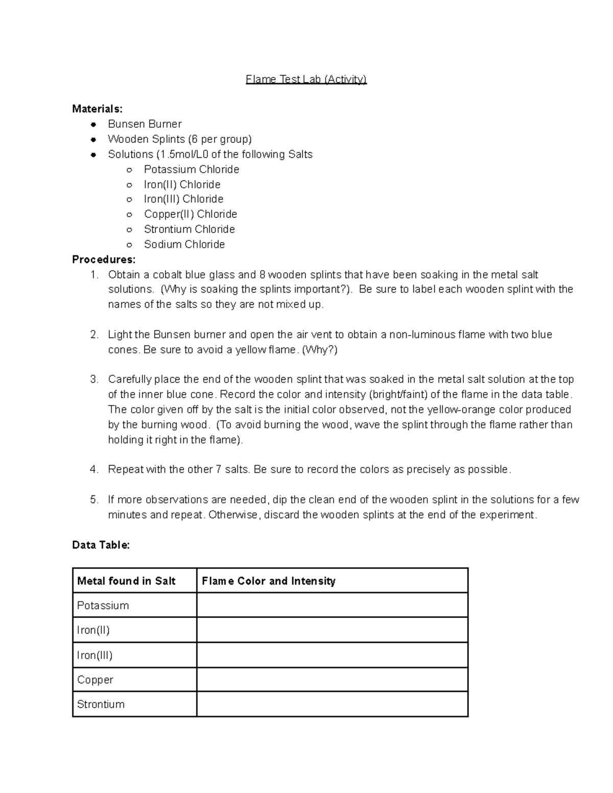 Flame Test Lab Activity dragged Flame Test Lab Activity