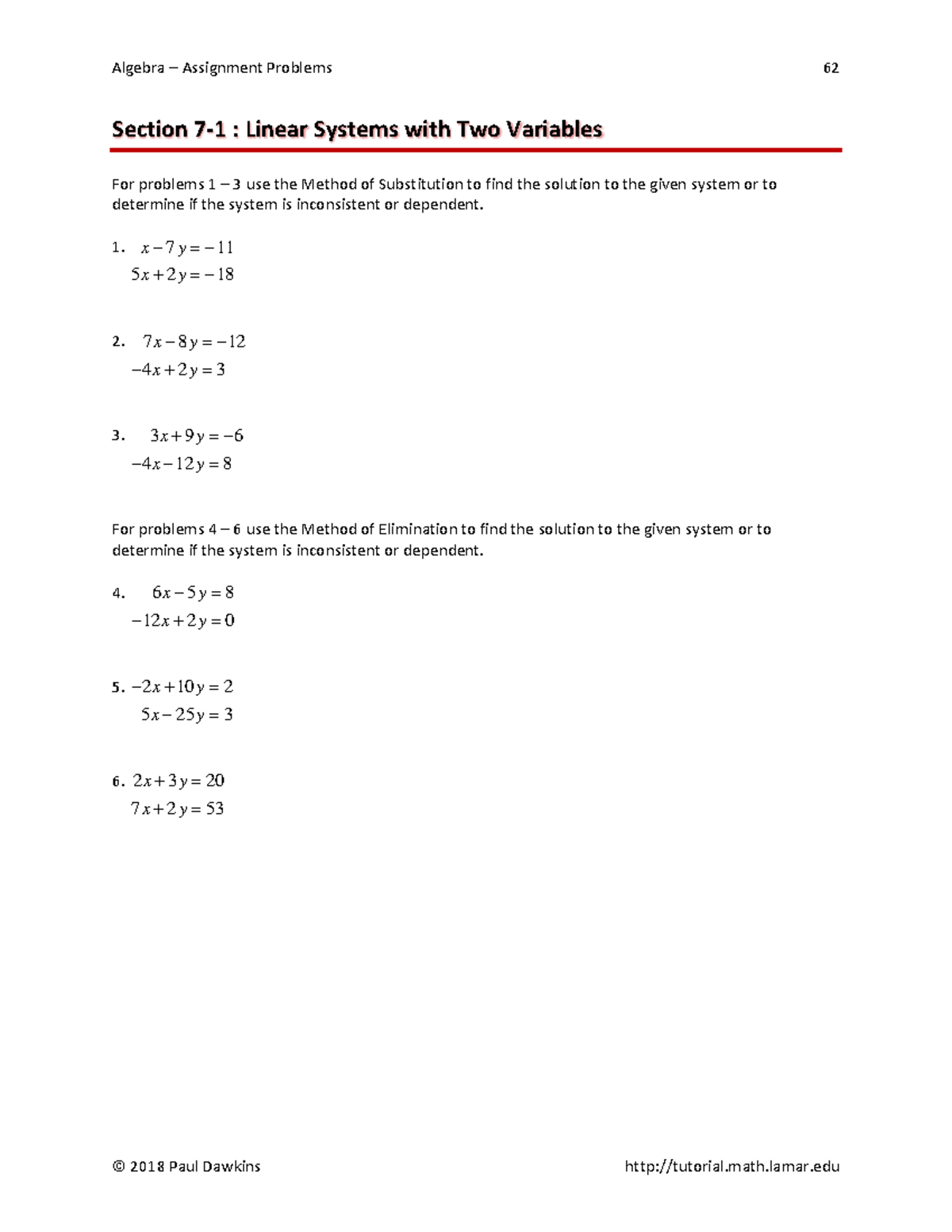 Alg Complete Problems - Algebra – Assignment Problems 62 © 2018 Paul ...