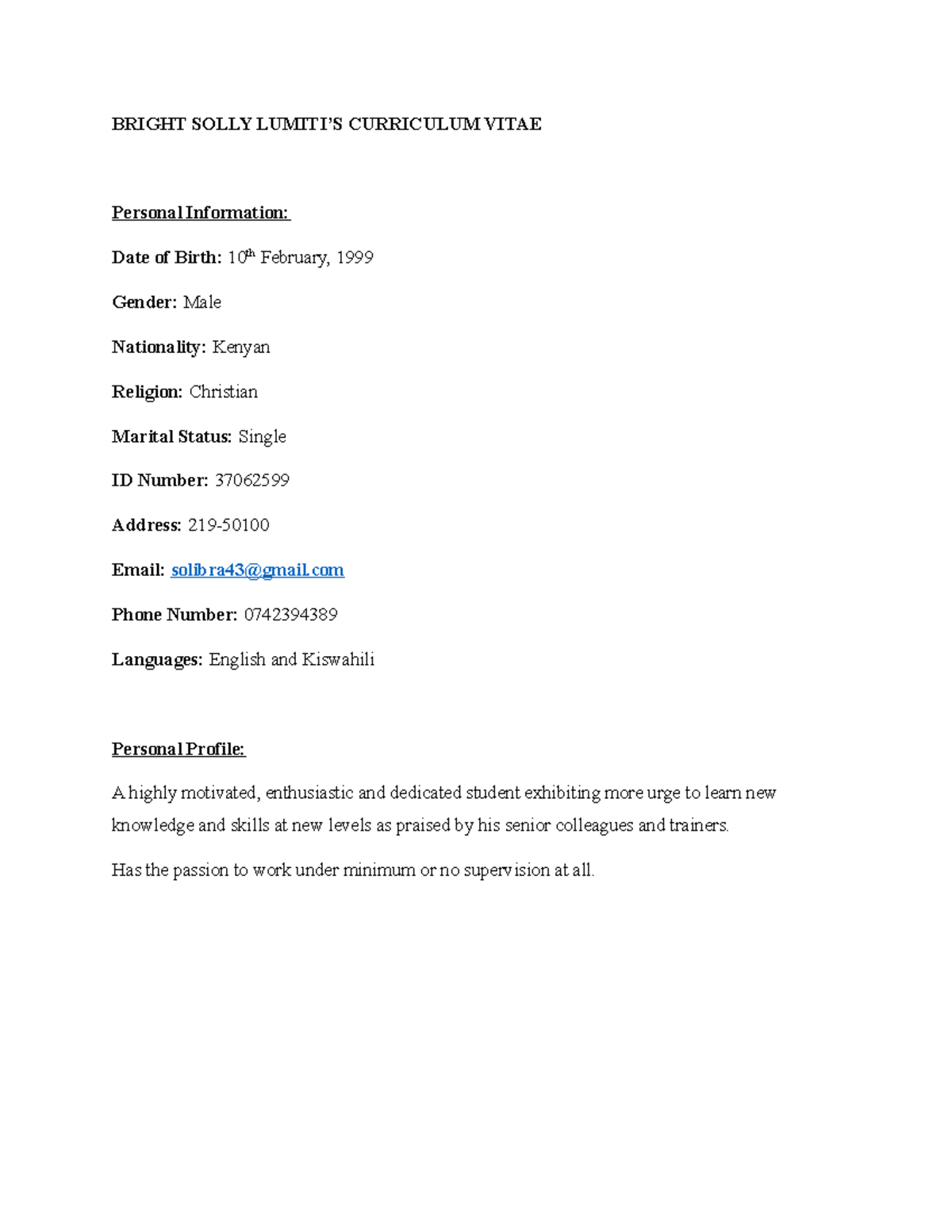 CV - way - BRIGHT SOLLY LUMITI’S CURRICULUM VITAE Personal Information ...