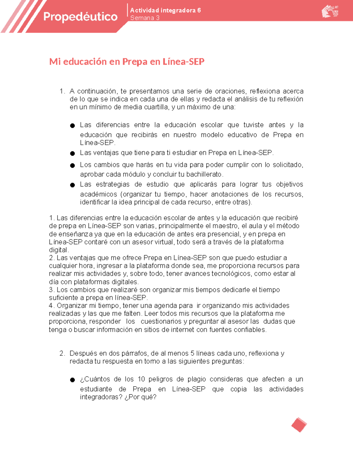 prepa en linea sep - Actividad integradora 6 Semana 3 1 Mi educación en Prepa en Línea-SEP 1. A ...