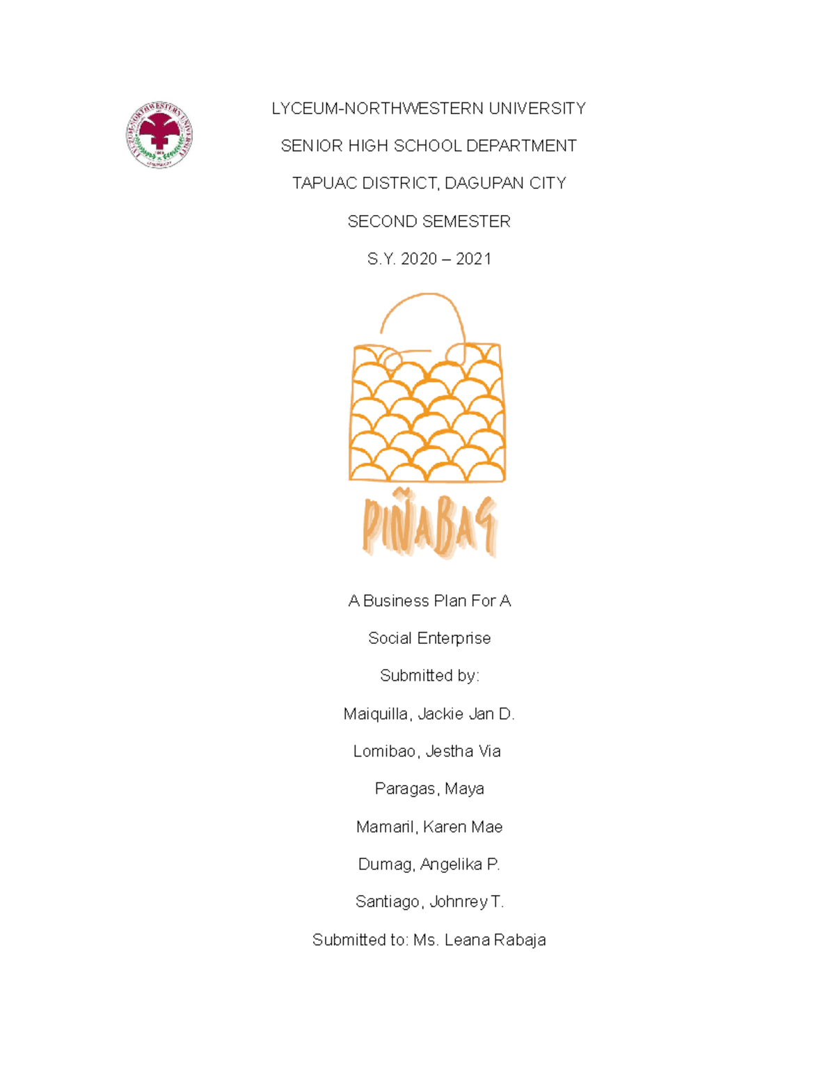 G3 Business Plan - LYCEUM-NORTHWESTERN UNIVERSITY SENIOR HIGH SCHOOL ...