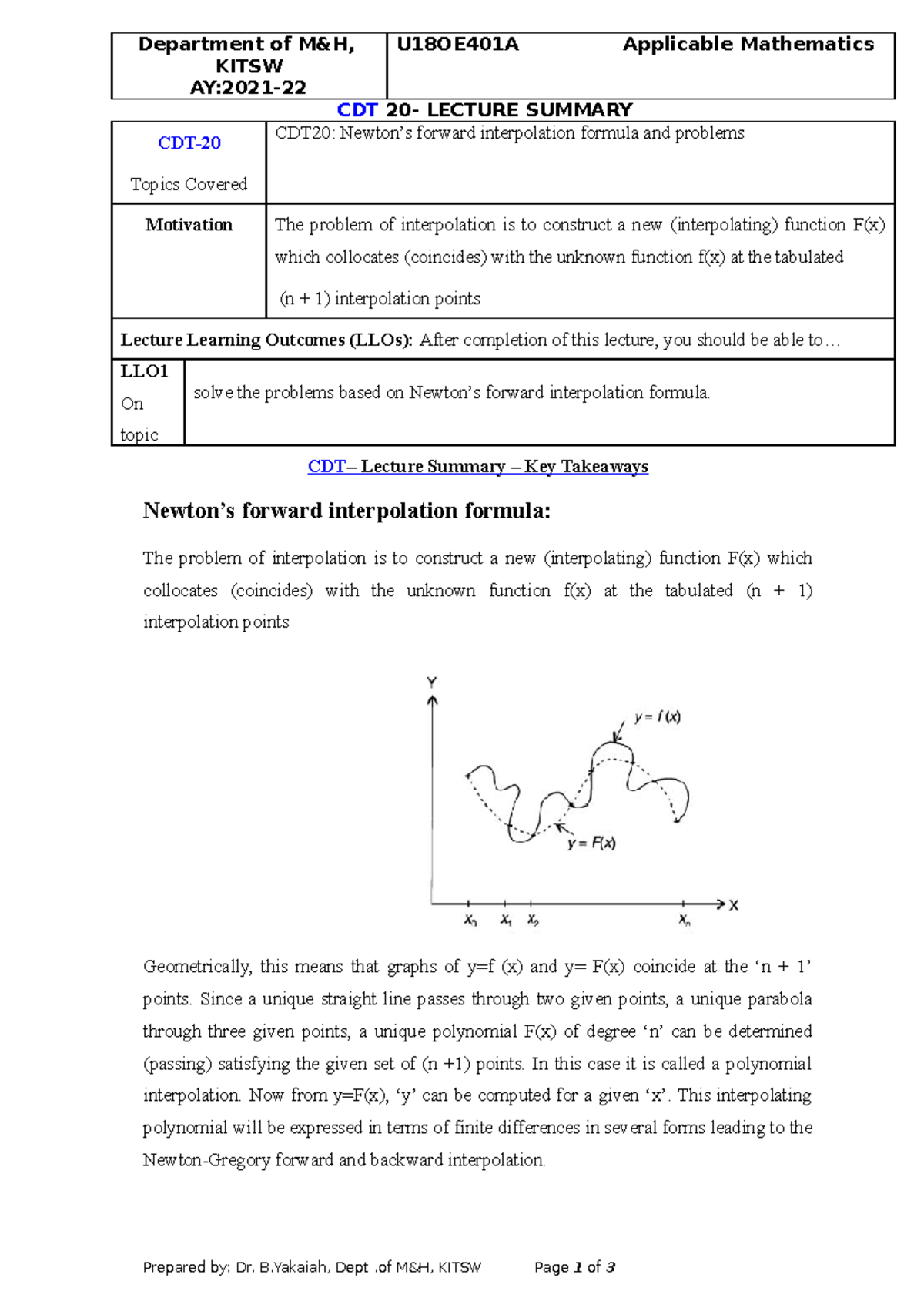 CDT-20Newton’sforwardinterpolationformula - Department of M&H, KITSW AY ...