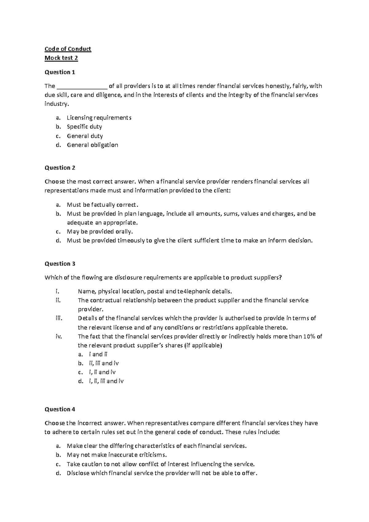 Code of Conduct mock test 1 - Code of Conduct Mock test 2 Question 1 ...