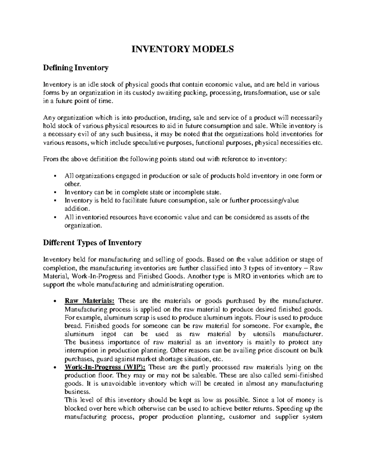 Unit 3 Inventory Models I - INVENTORY MODELS Defining Inventory ...