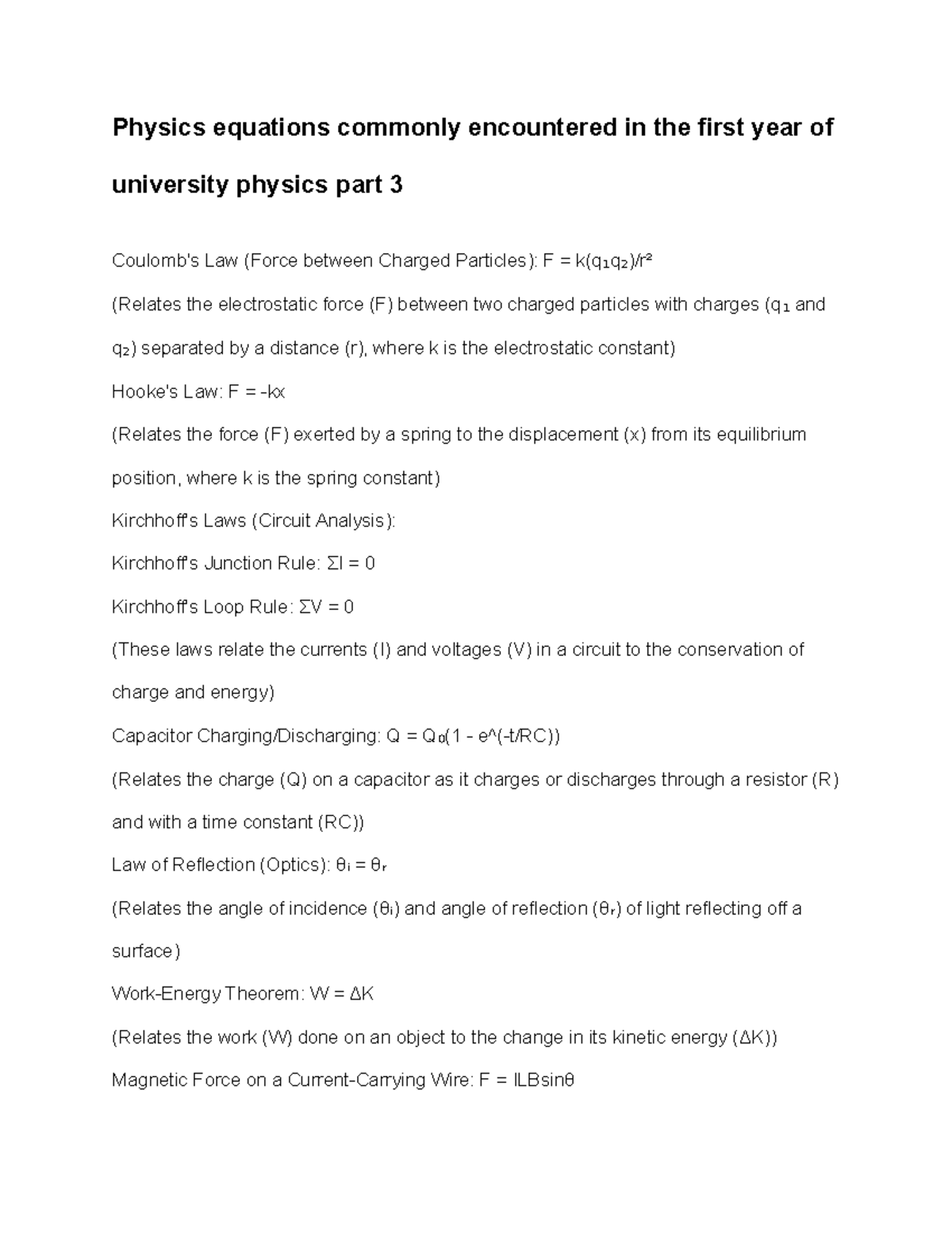 Physics Equations Commonly Encountered In The First Year Of University