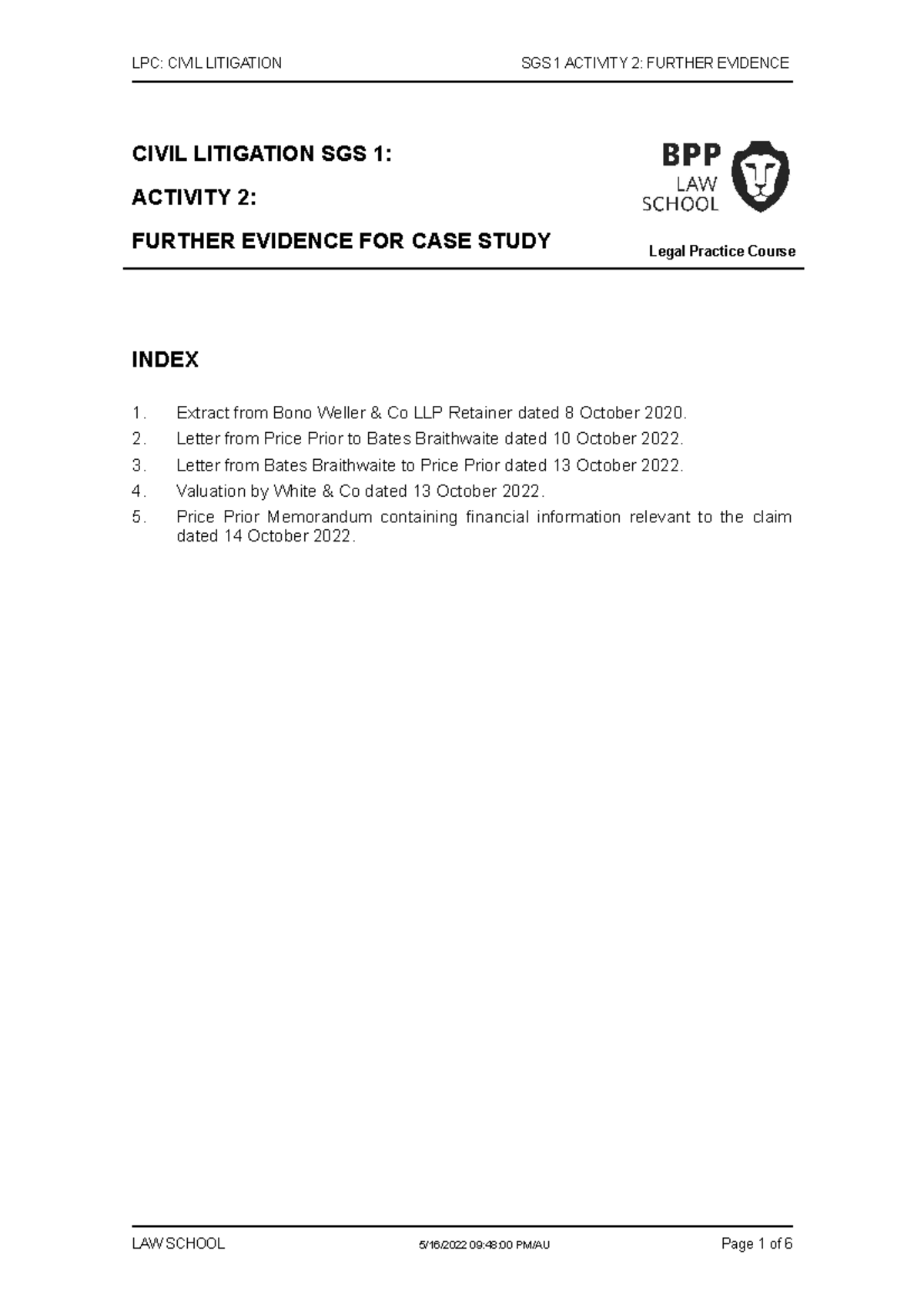 Civil Litigation SGS 1 Activity 2 Further evidence - LPC: CIVIL ...