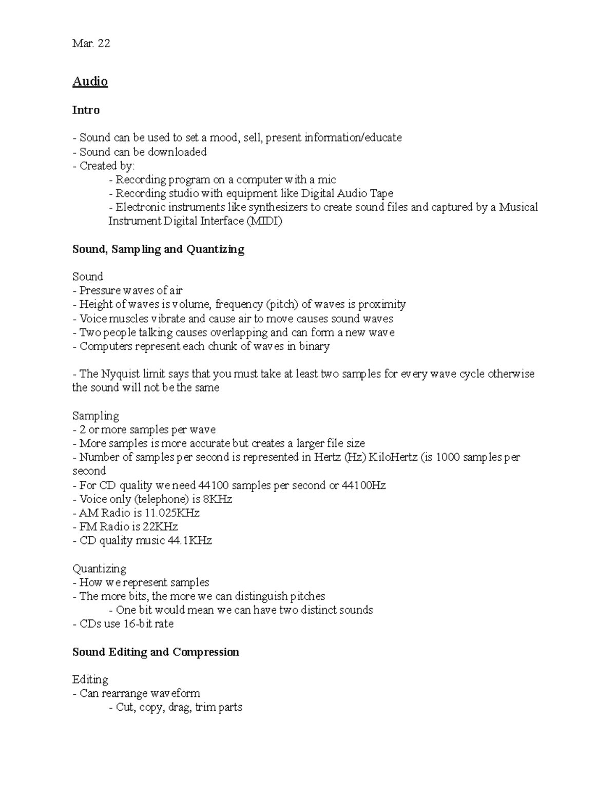 Comp Sci Lecture 10 copy - Mar. 22 Audio Intro Sound can be used to set a mood, sell, present ...