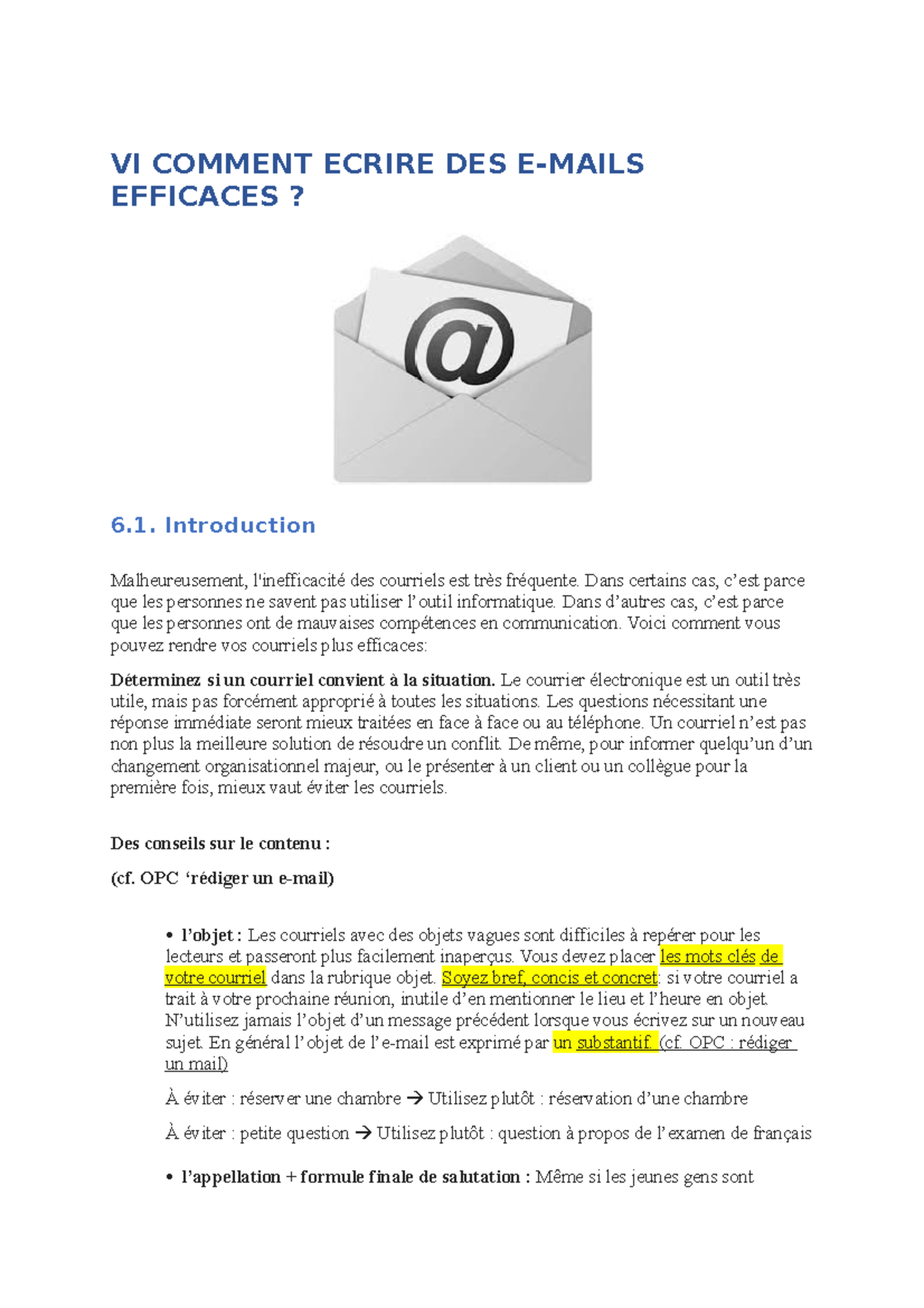 Module 6 Comment écrire des e-mails efficaces - VI COMMENT ECRIRE DES ...