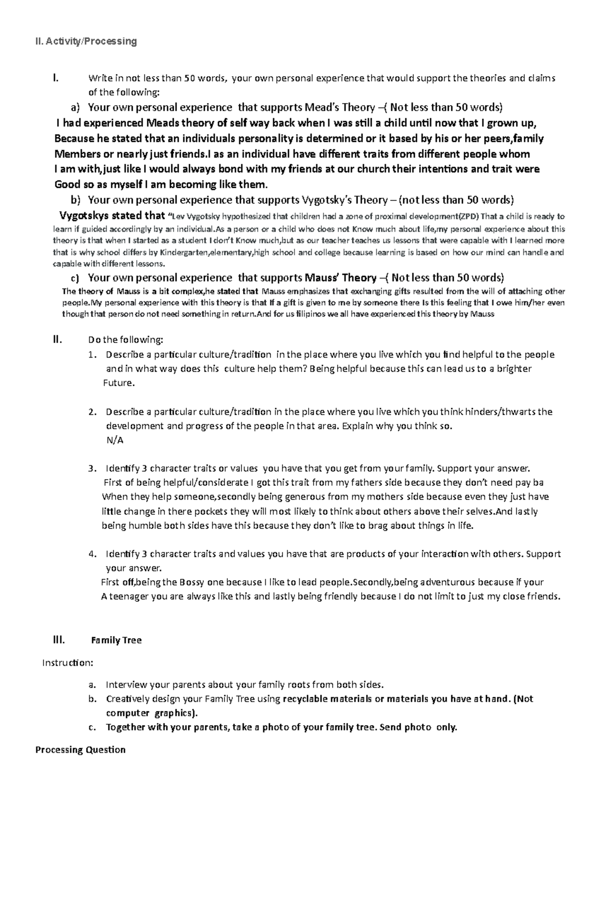 Activities 1 - Lectures - II. Activity/Processing I. Write in not less than 50 words, your own ...