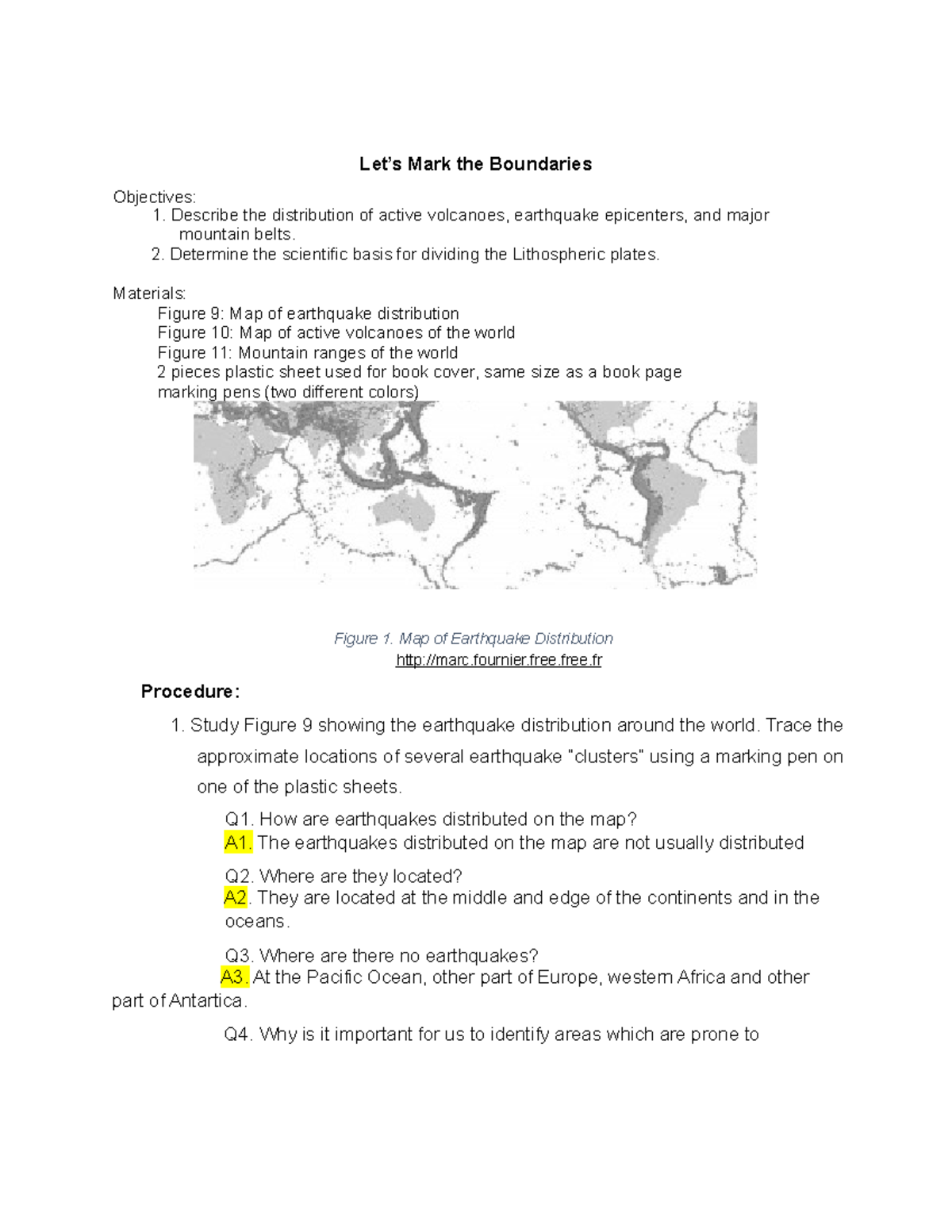 Science Week 3 - activity - Let’s Mark the Boundaries Objectives: Describe the distribution of ...