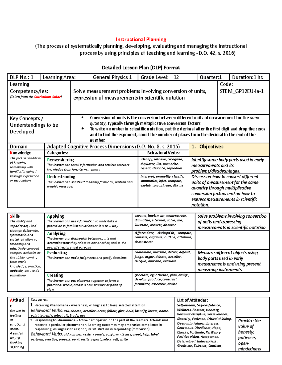 Sample Lesson Plan With List of Verbs to Use - Instructional Planning ...