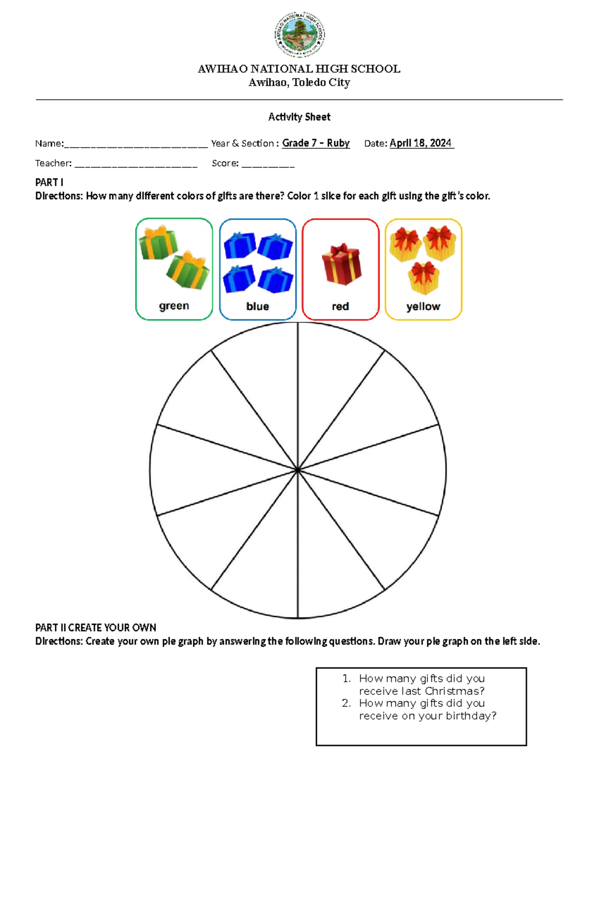 Activity Sheet April 18 2024 Grade 7 RUBY Mathematics - AWIHAO NATIONAL ...
