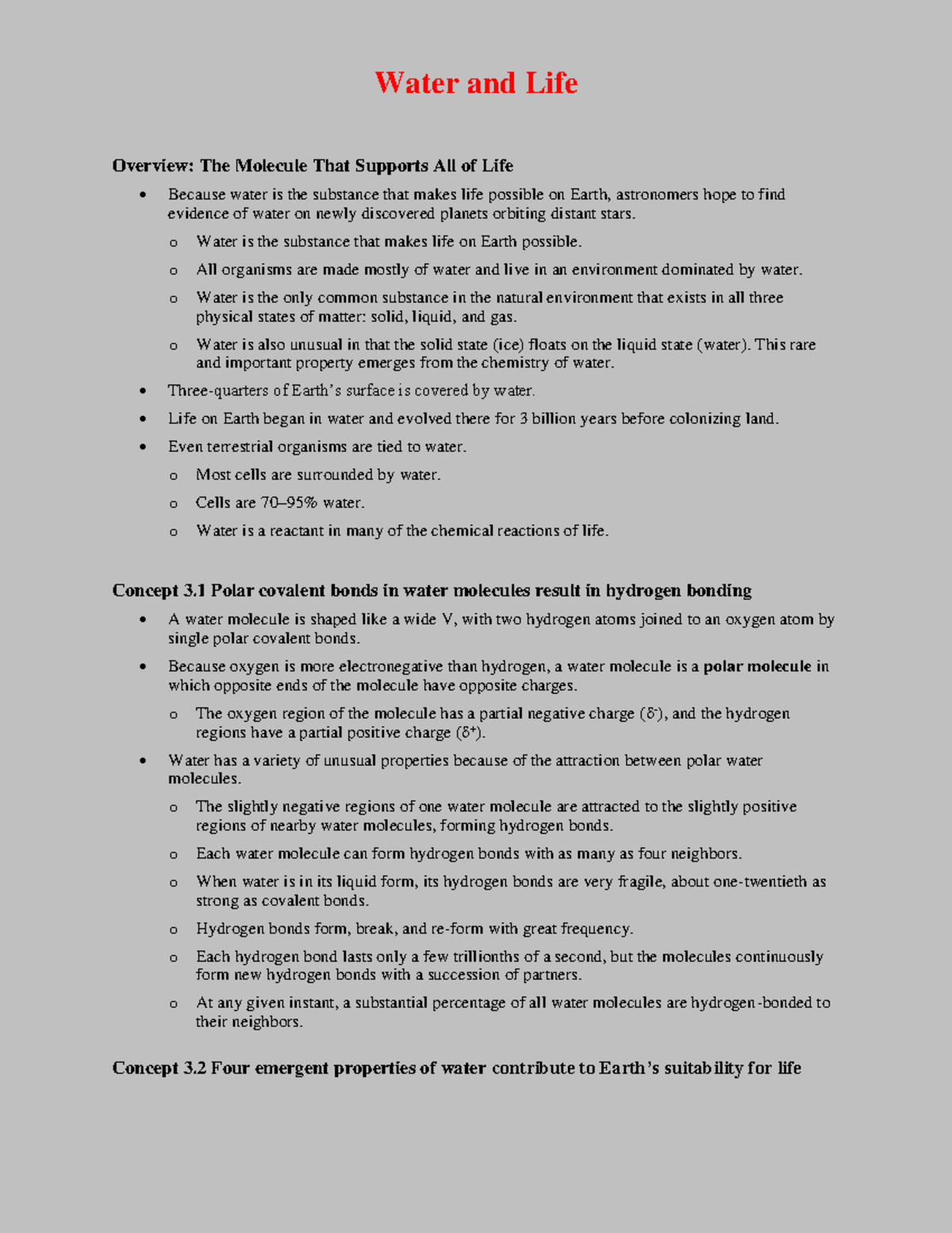 Water and life - biologie science - Water and Life Overview: The ...