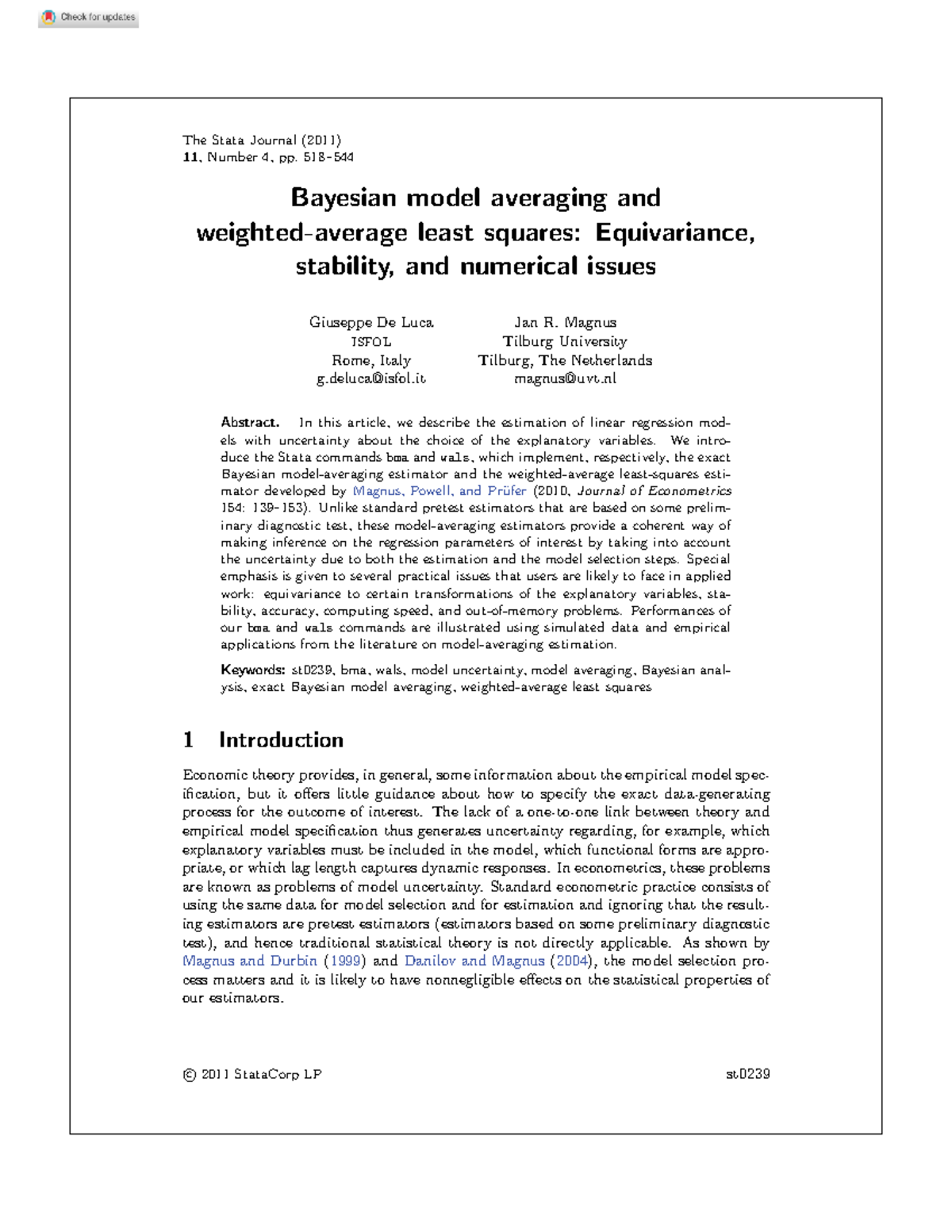 BMA Bayesian Method Average - The Stata Journal (2011) 11 , Number 4, pp. 518– Bayesian model ...