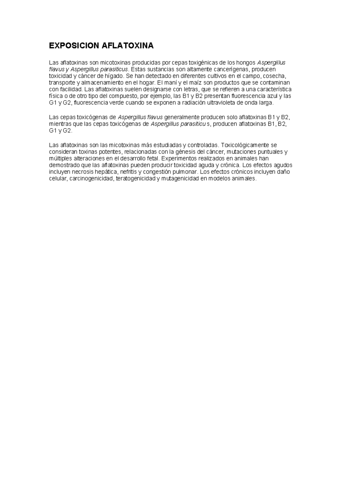 Exposicion Aflatoxina - EXPOSICION AFLATOXINA Las aflatoxinas son ...