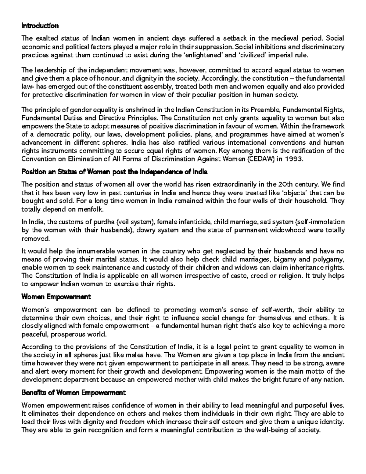 Unit 2 gender justice - Introduction The exalted status of Indian women ...