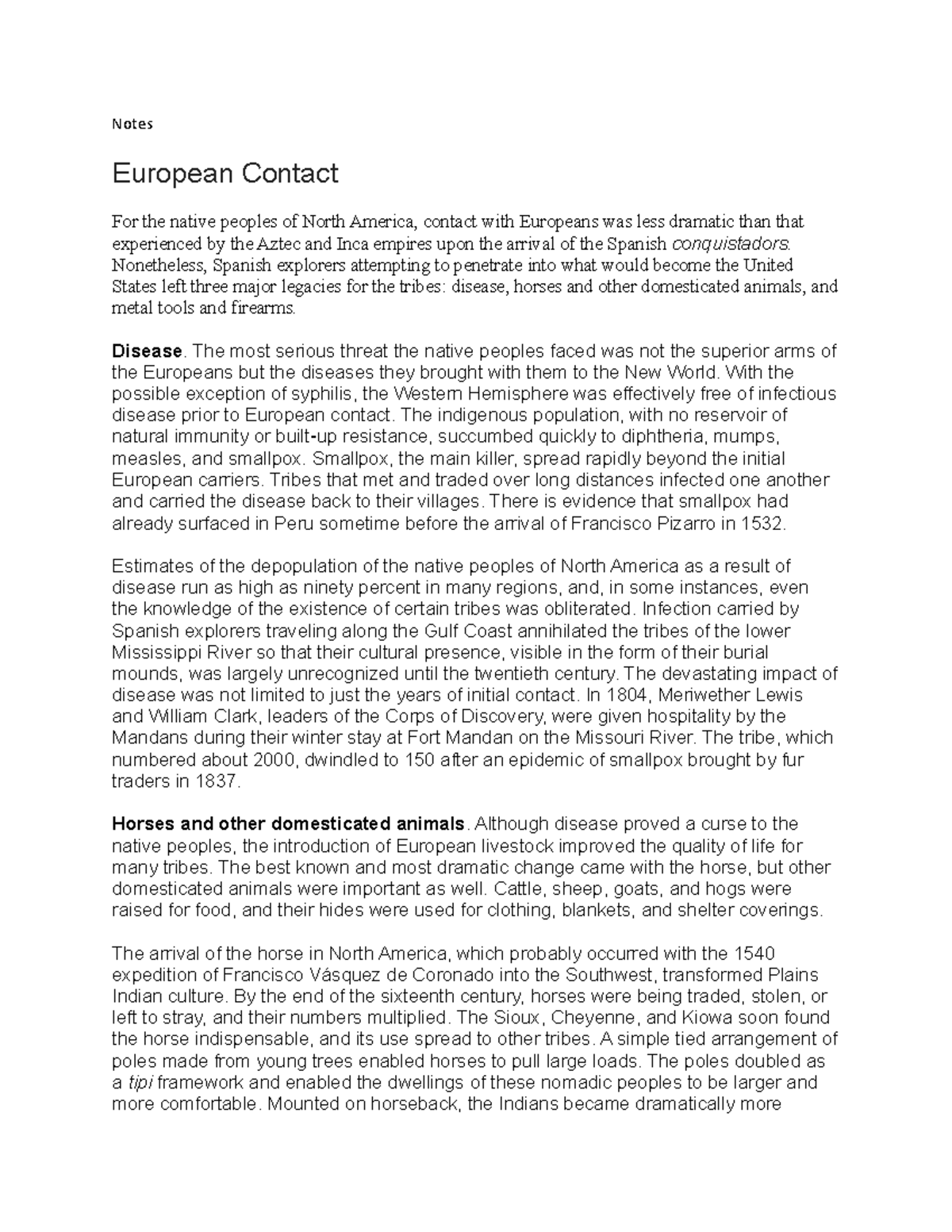 Document 106 - history - Notes European Contact For the native peoples ...