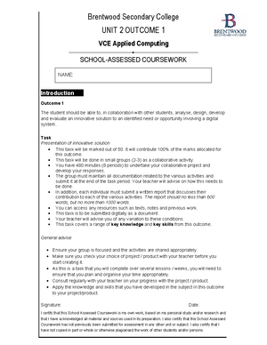 VCE Applied Computing U1O1 SAC - UNIT 1 OUTCOME 1 VCE Applied Computing ...