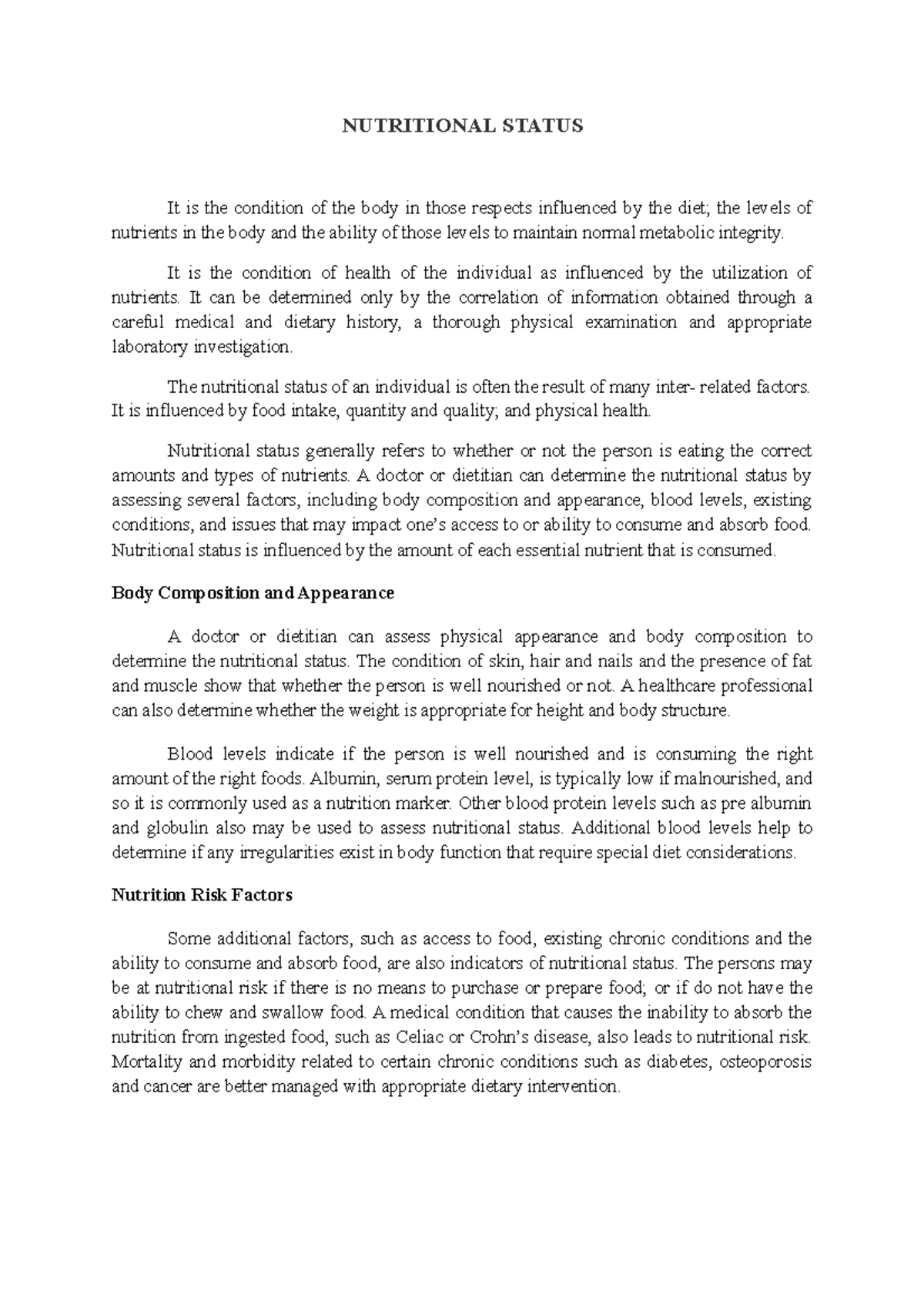 Nutritional Status - Basic nutrition notes - NUTRITIONAL STATUS It is ...