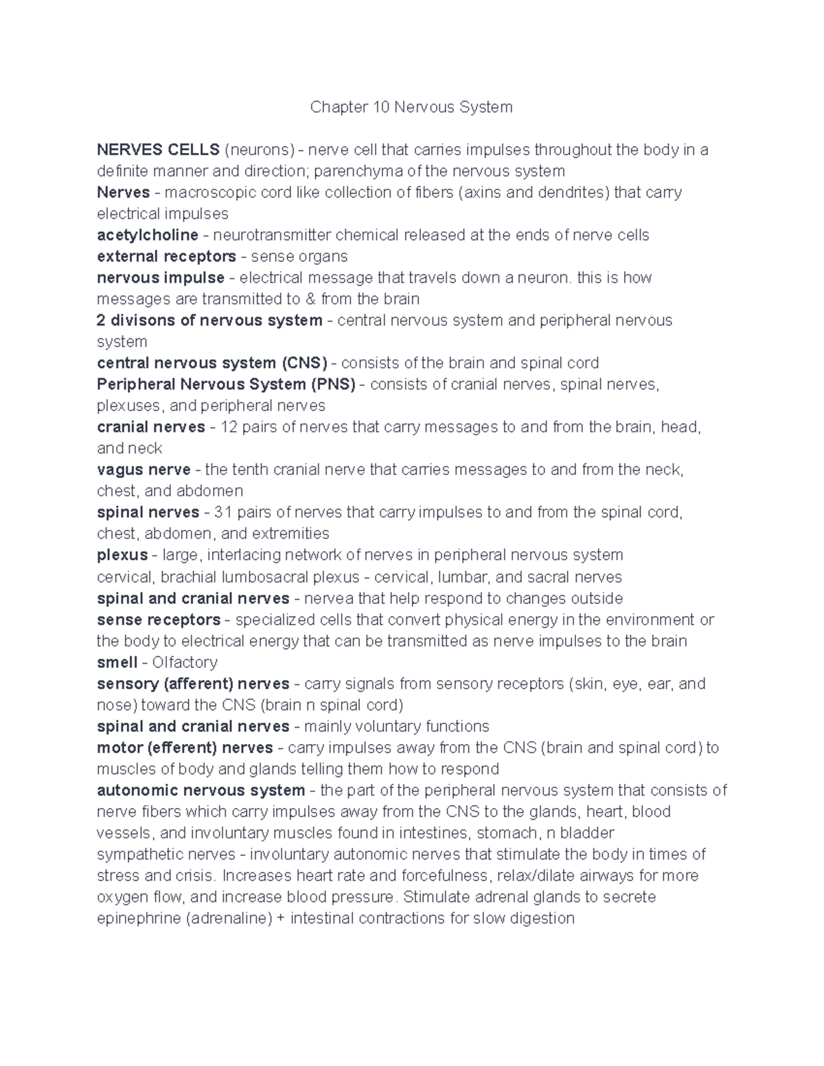 Chapter 10 Nervous System - Chapter 10 Nervous System NERVES CELLS ...