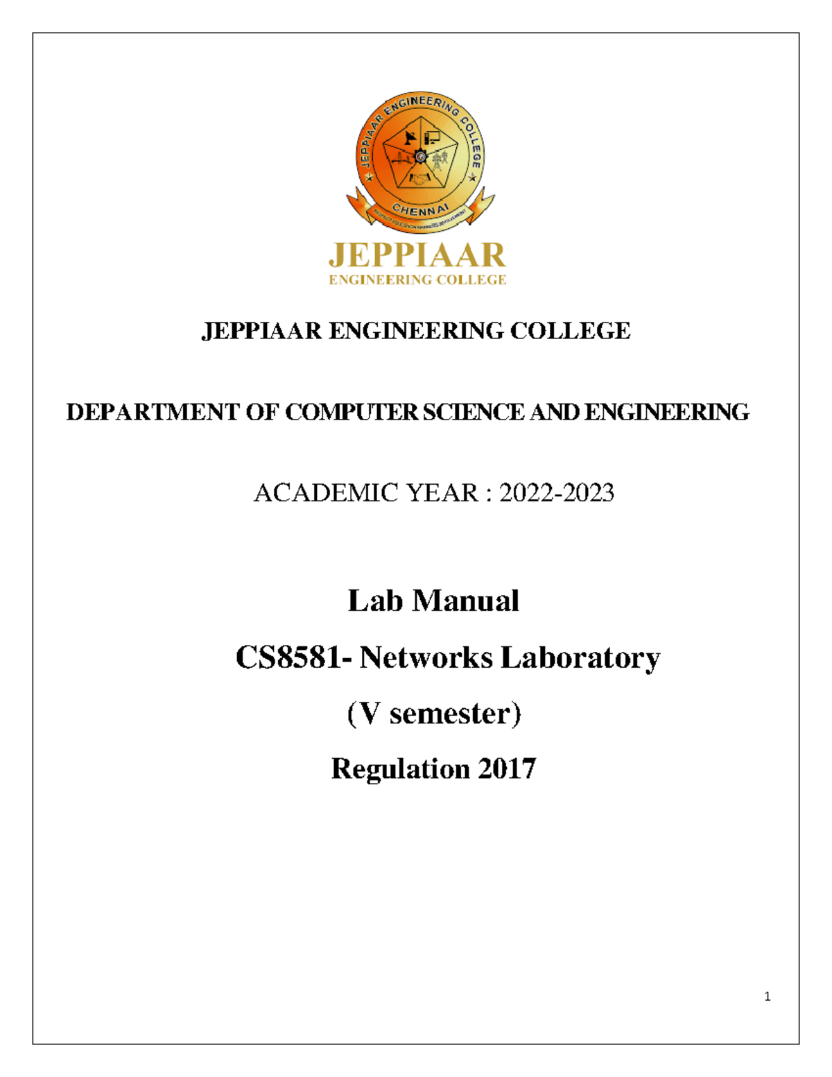 CS8581 - Networks Lab Manual - JEPPIAAR ENGINEERING COLLEGE DEPARTMENT OF COMPUTER SCIENCE AND ...