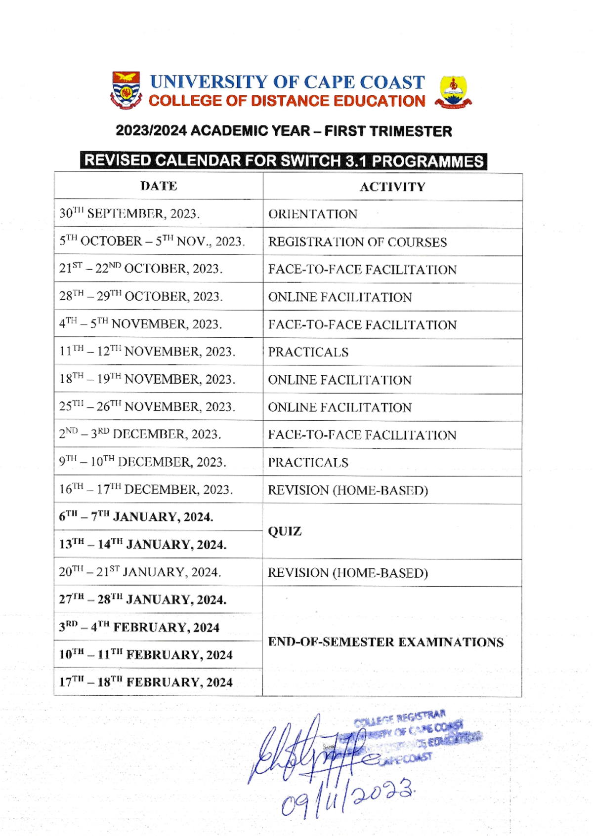 Revised Calender for Switch 3.1 2023 2024 First Trimester - Computer ...