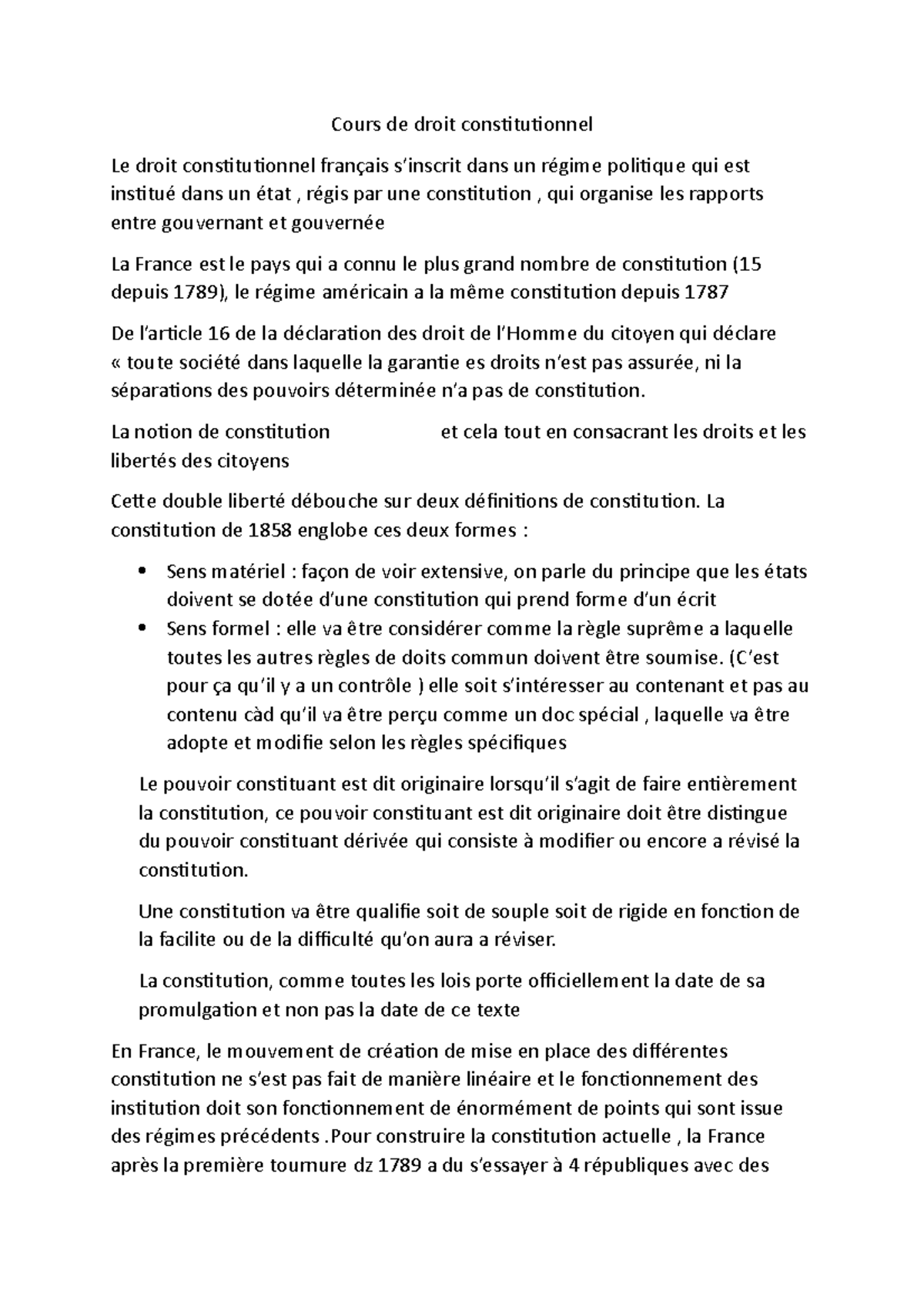 Cours de droit constitutionnel - La notion de constitution et cela tout en consacrant les droits ...