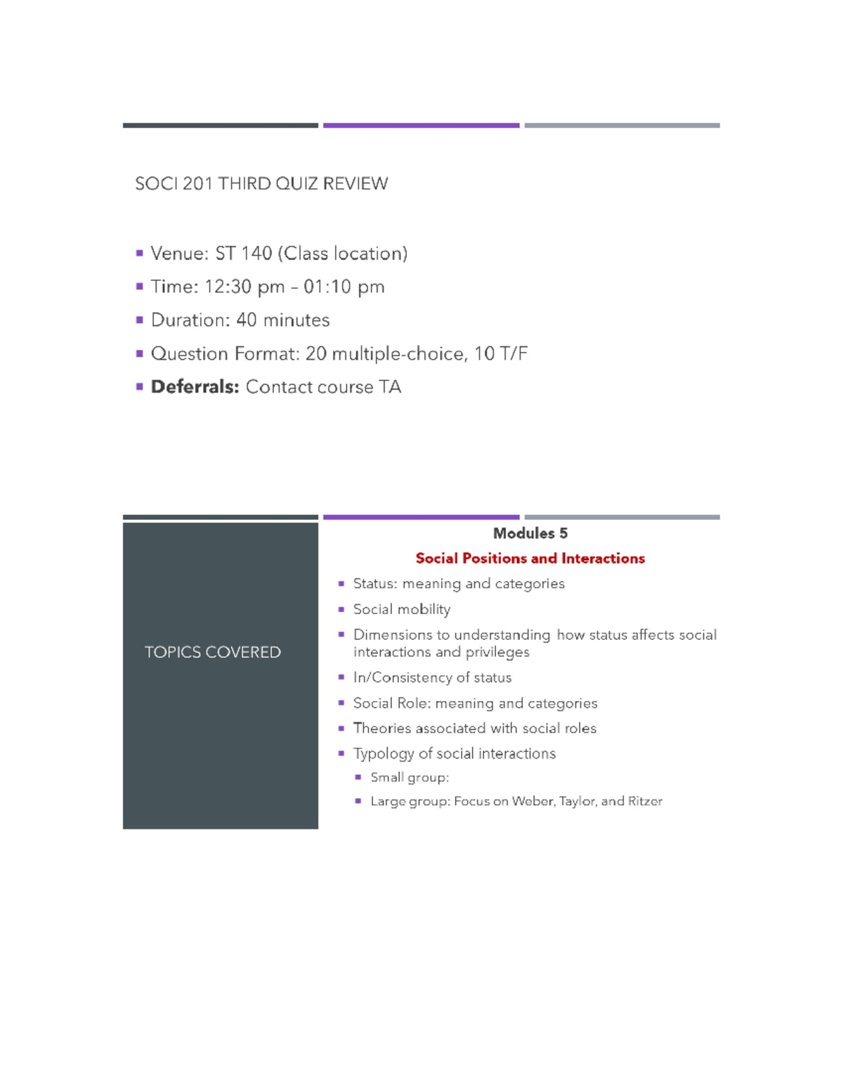 Quiz 3 Review Doc - Includes sample questions for the quiz on how it ...