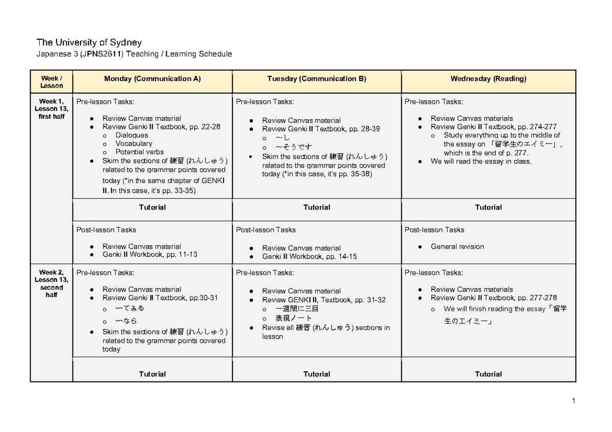 Japanese 3 (JPNS2611) Teaching & Learning Schedule 2024-1 - The ...