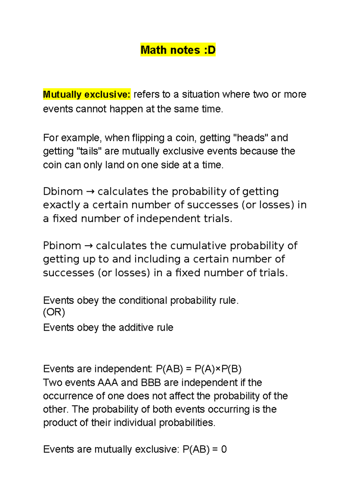 Math Assignment Doc Math Notes Can Be Helpful For Assessments Math Notes D Mutually