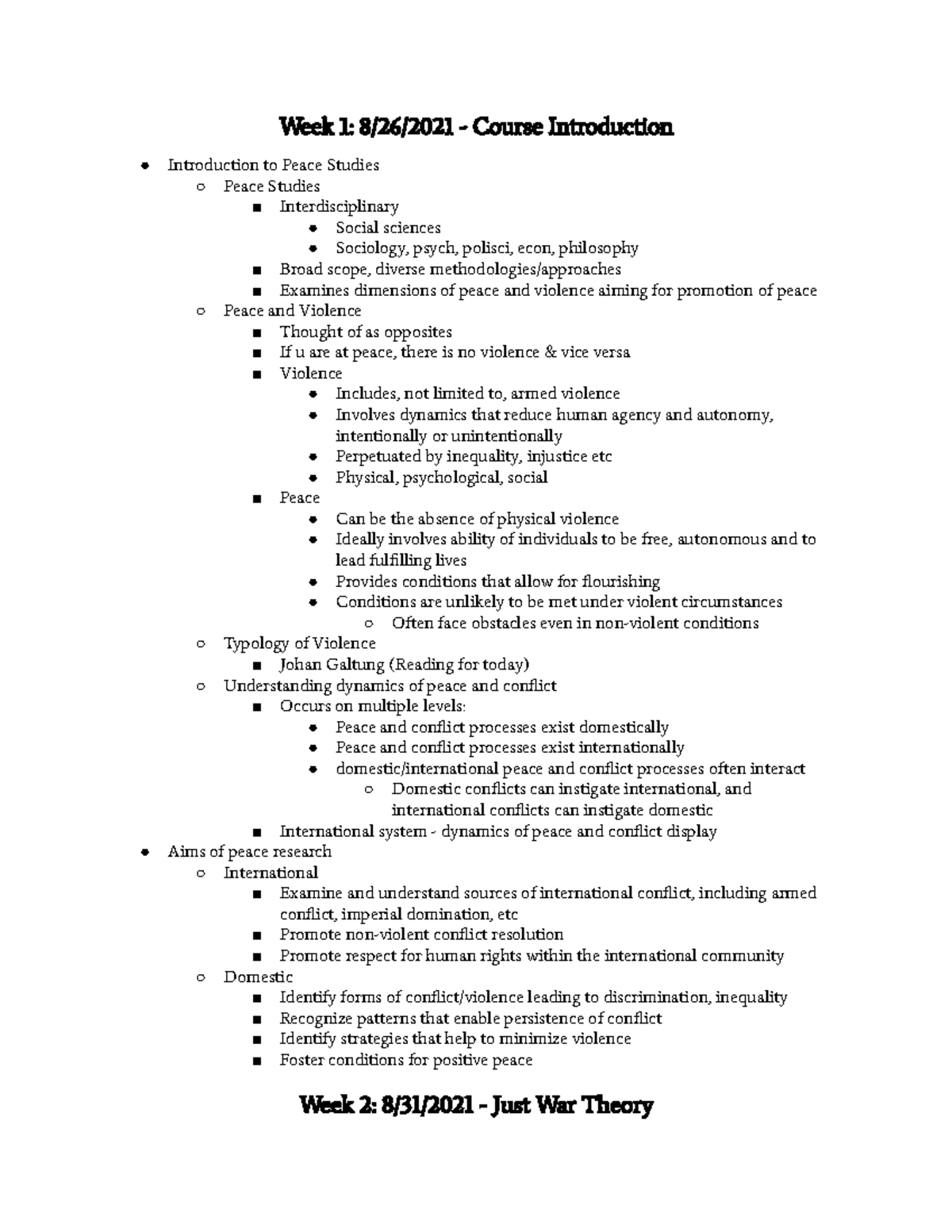 Introduction to Peace Studies - Lecture Notes - Week 1: Course ...