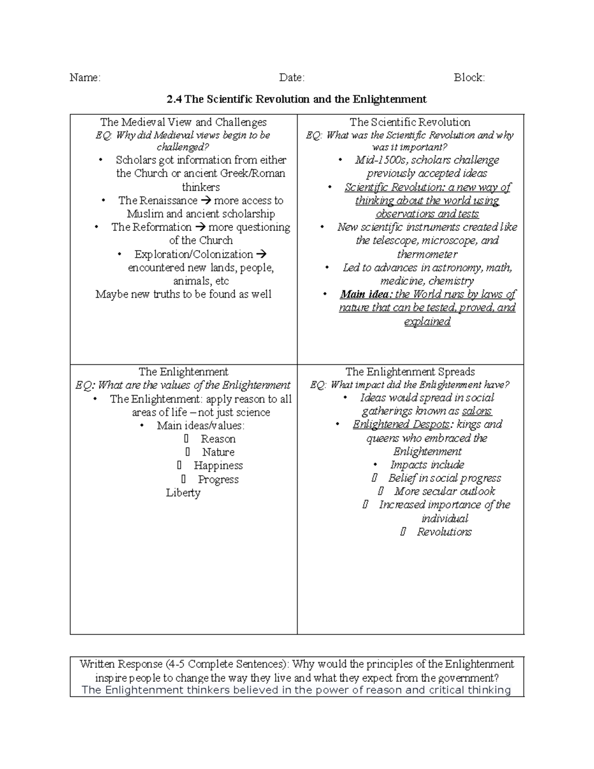 2.4 Enlightenment - History - Name: Date: Block: 2 The Scientific ...